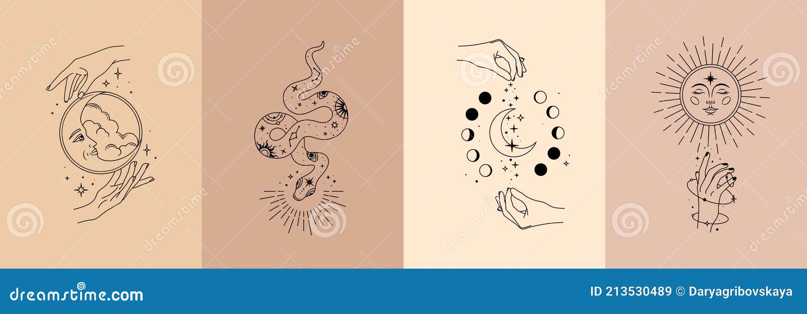 Vector Poster Set of Mystical Magic Objects- Woman Hands, Moon, Sun ... Vector Poster Set of Mystical Magic Objects- Woman Hands, Moon, Sun ...