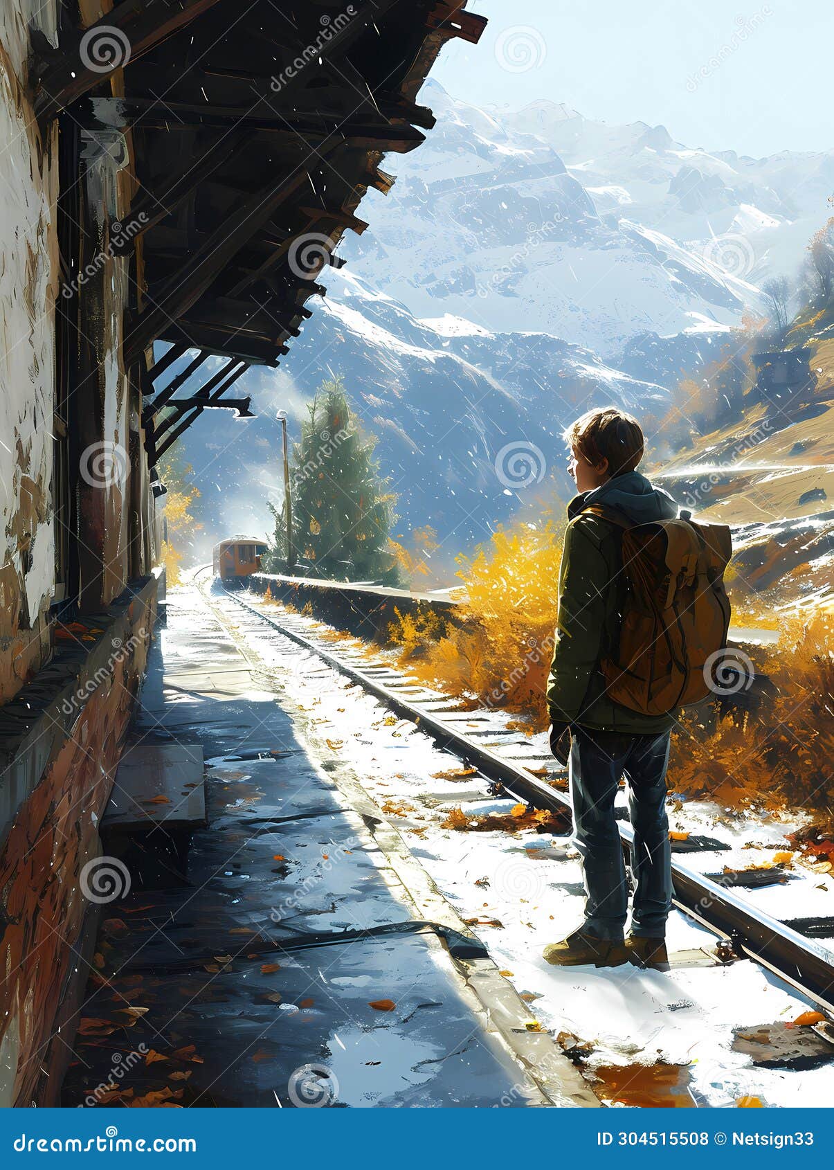 Vector Poster Traveling, a Person Standing on Train Tracks Stock ...