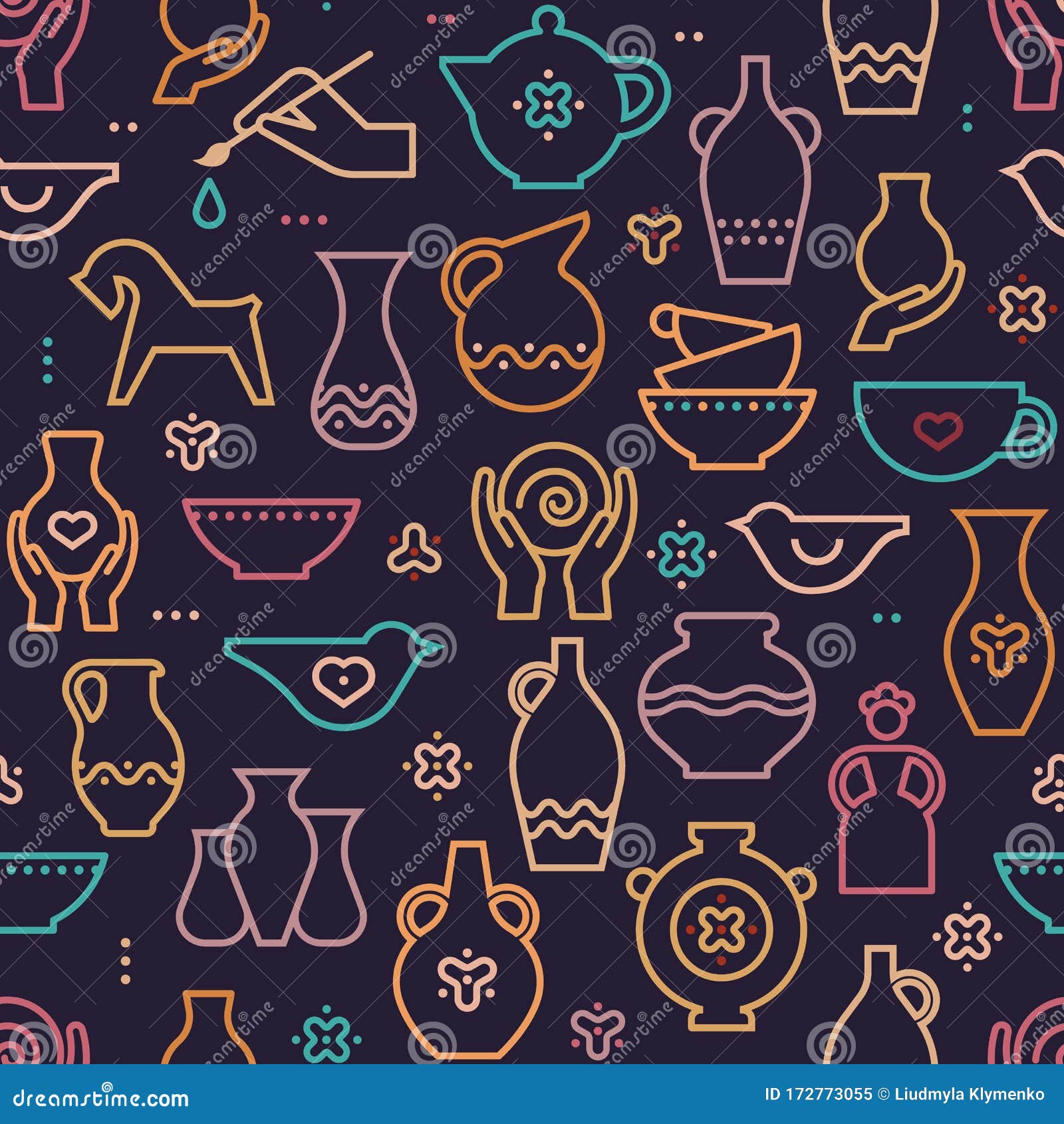 Vector Pottery Seamless Pattern - Ceramics Pottery Bowl. Stock Vector ...