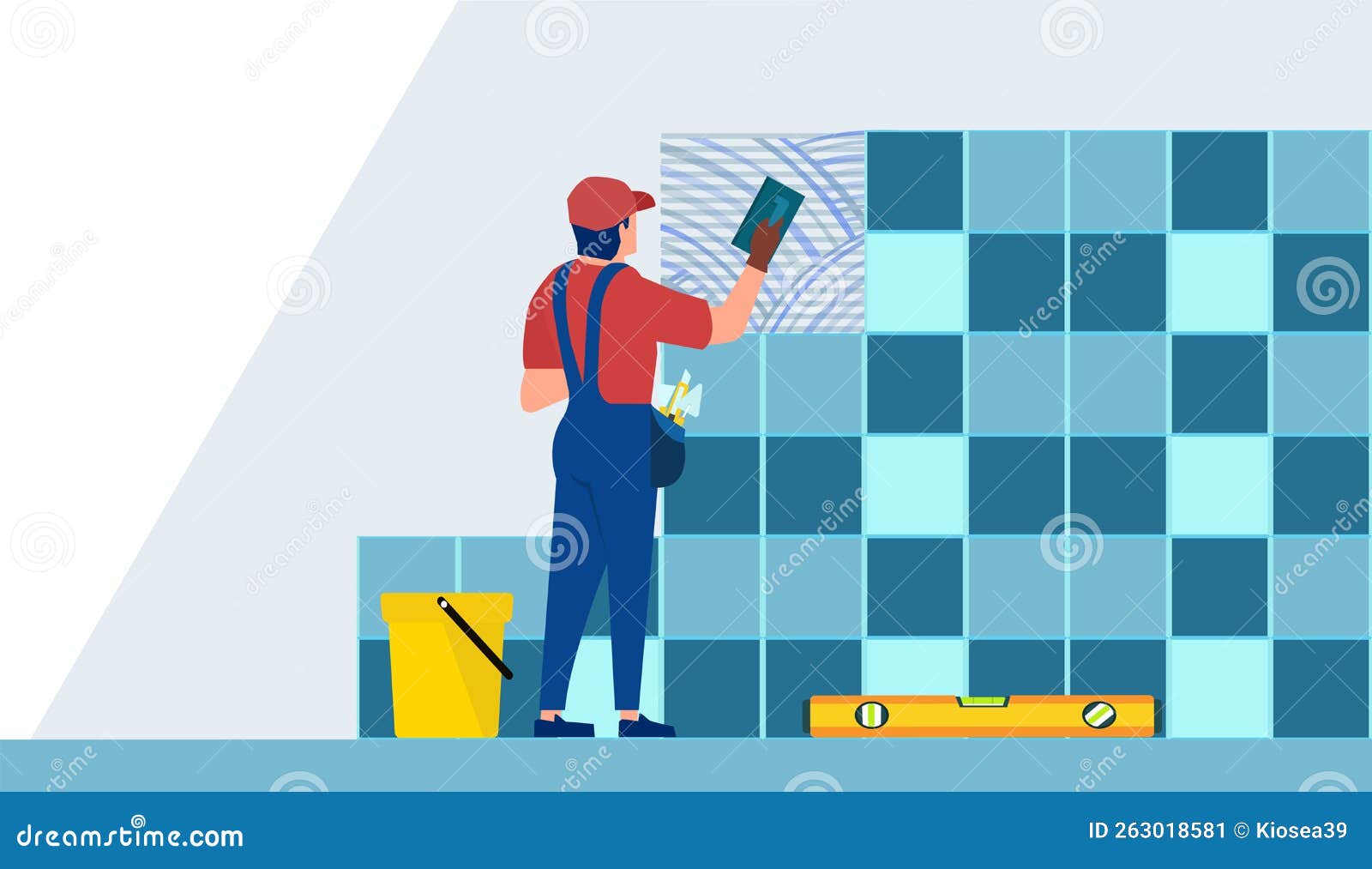 Vector of Professional Tiler Installing Tiles on a Wall Stock ...