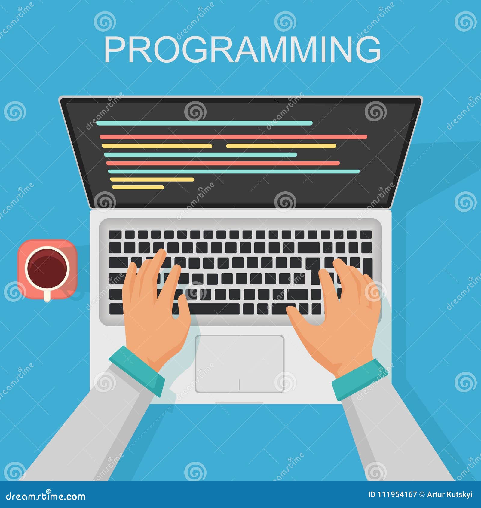 Vector Programming Coding Web Development Concept Programmer Top View With Screen Code Stock