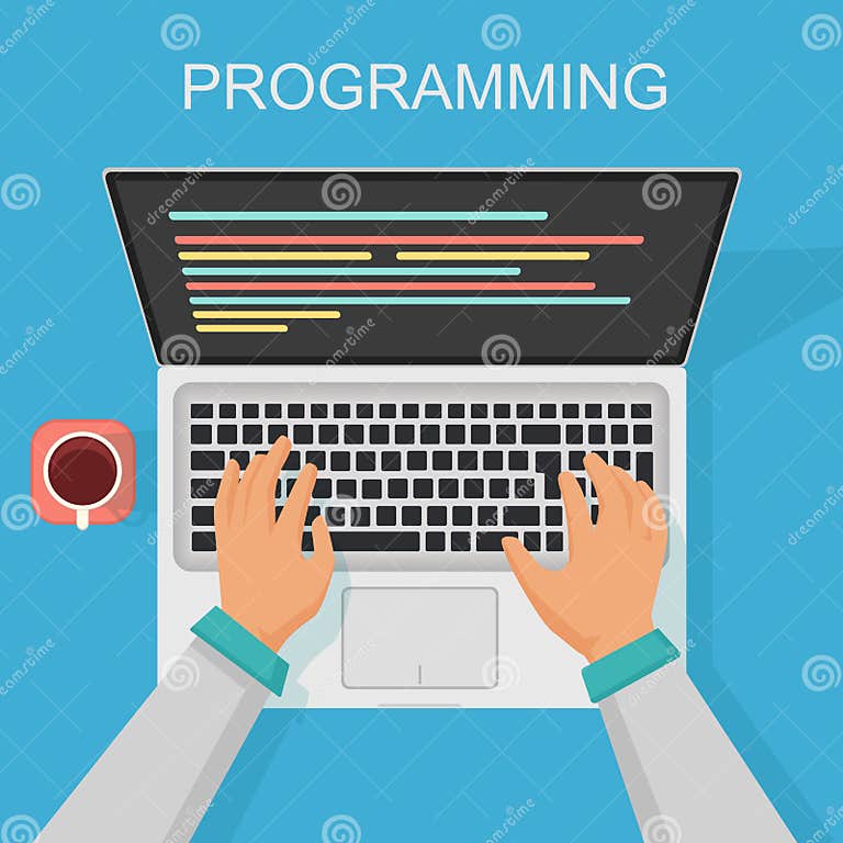 Vector Programming, Coding Web Development Concept. Programmer Top View with Screen Code. Stock ...
