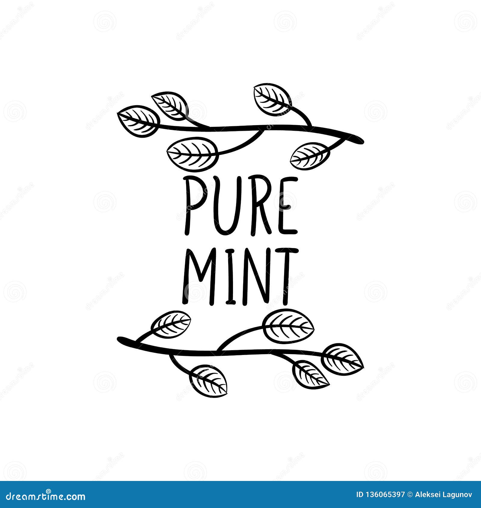 Vector Pure Mint Label, Black Outline Doodle Typography Element, Hand ...