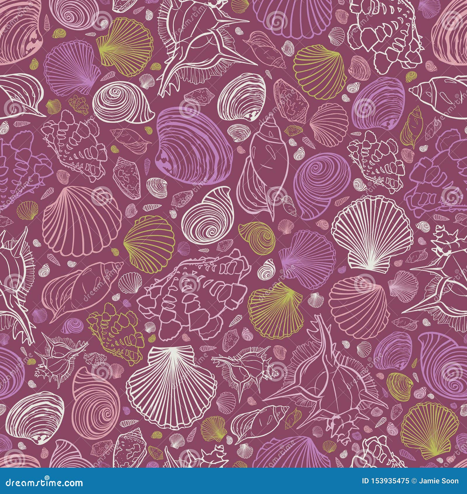 Vector Purple Repeat Pattern with Variety of Seashells. Perfect for ...