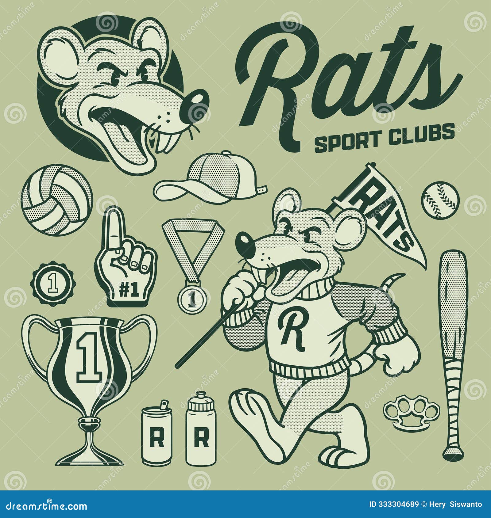 Rats Mascot Vintage Hand Drawn Object Set Stock Illustration ...
