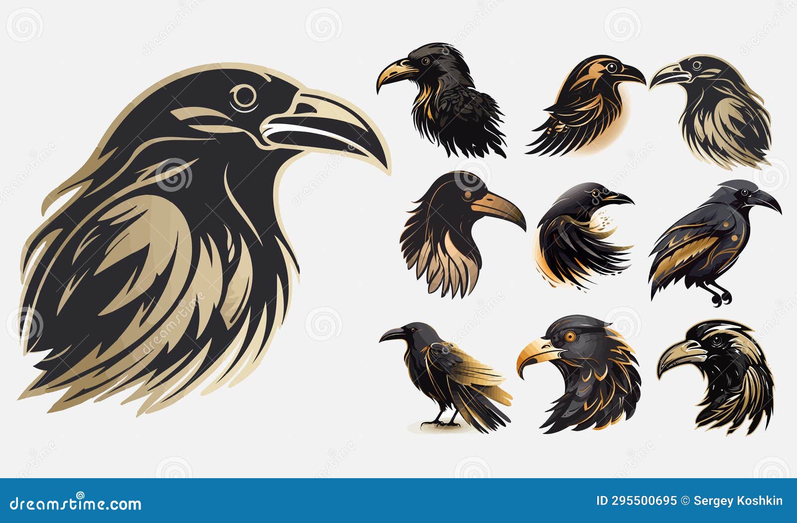 Vector Raven Collection. Black and Gold Crow, Raven, Birds Set Stock ...