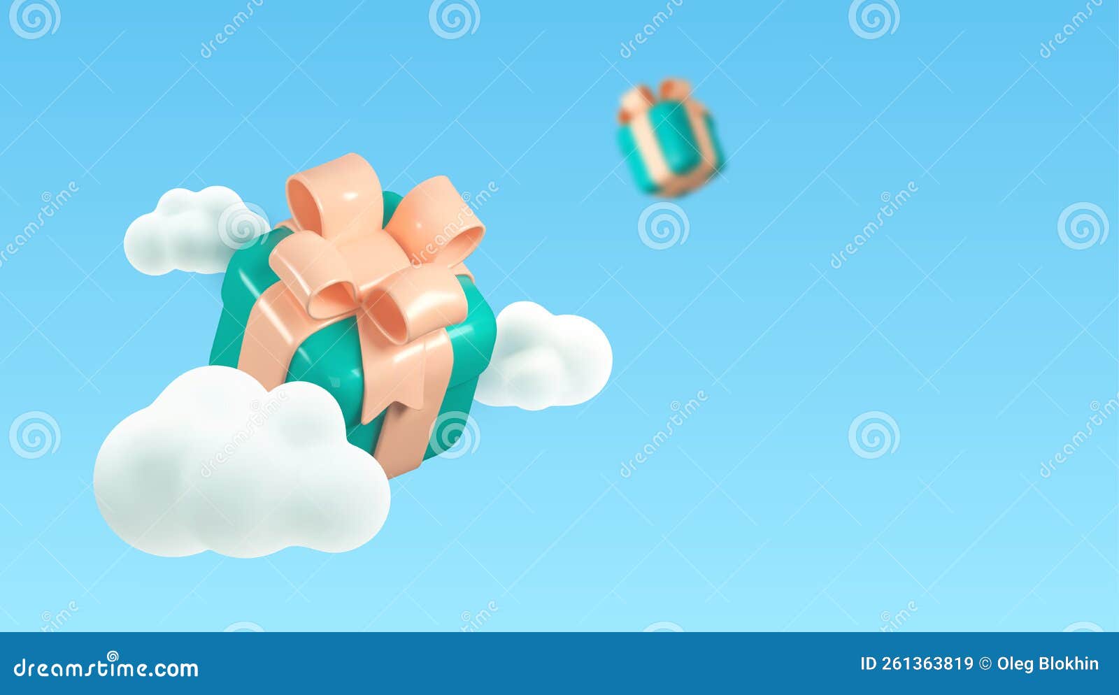 Vector Realistic Gift Box Around Cartoon Clouds. Blue Surprise Gift ...