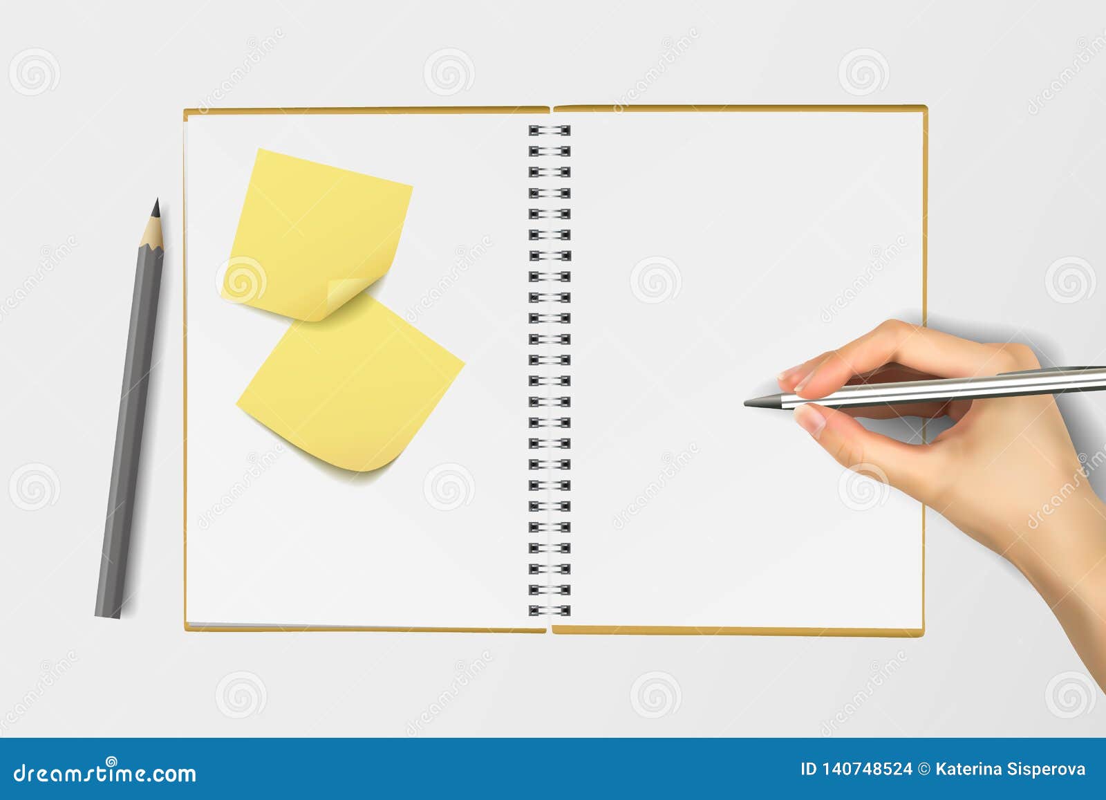 Vector Realistic Illustration of Hand with Pen Writing in Notebook on ...