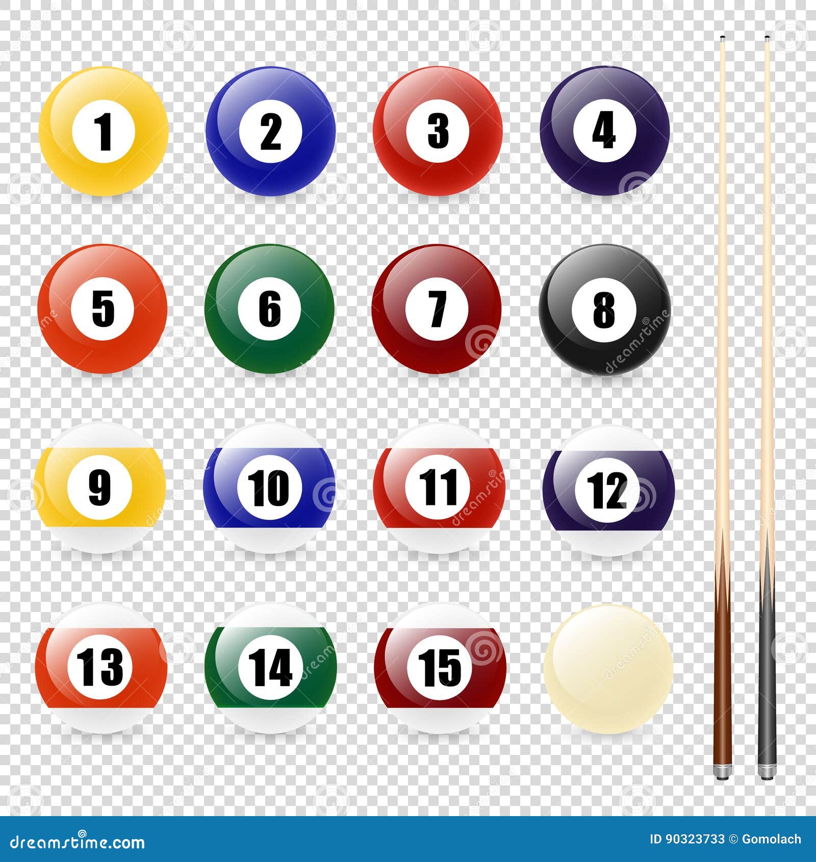 Vector Realistic Pool - Billiard Balls and Cue Closeup on Transparent ...