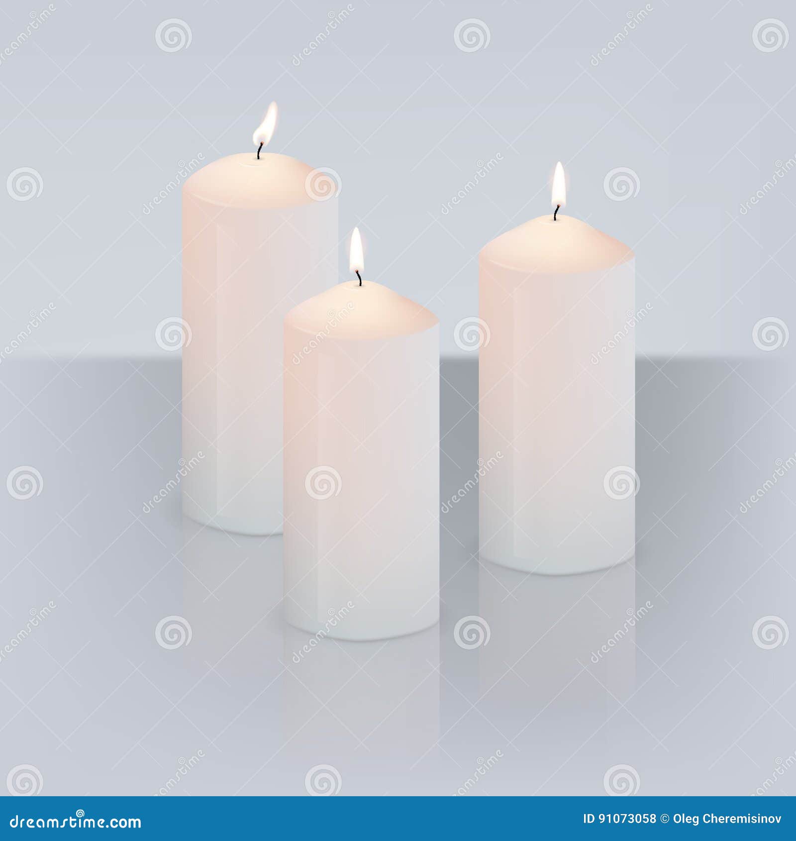 Vector Realistic Three Candles with Fire on Grey Background with Mirror ...