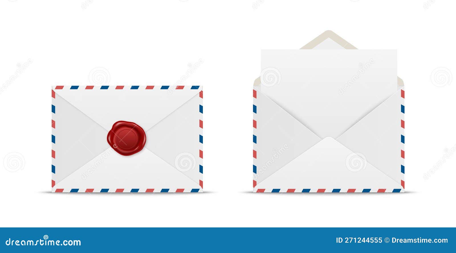Vector Realistic White Closed Envelope with Red Wax Seal and Opened Envelope with Letter Inside ...