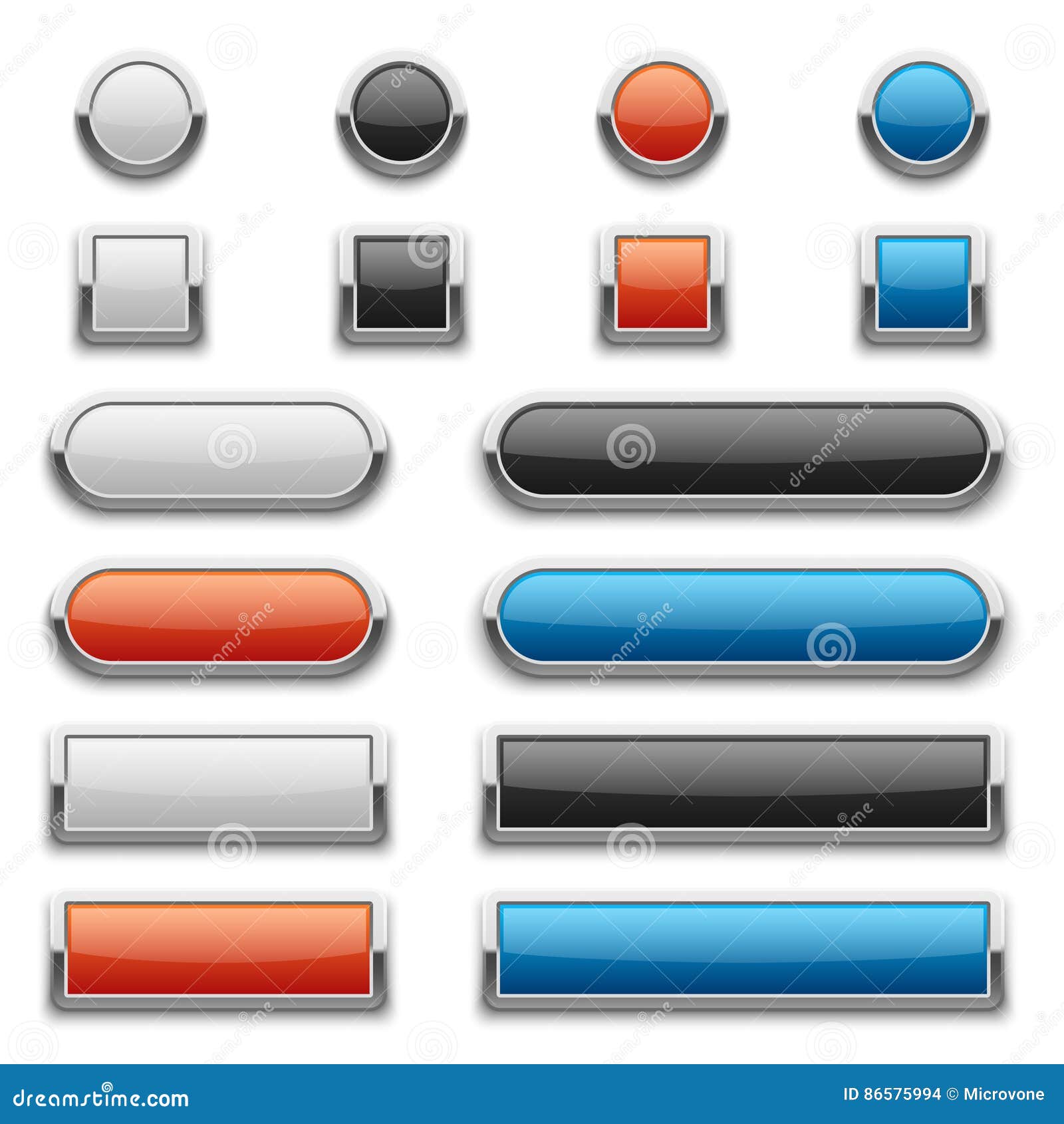 Vector Red, Blue, Black and White Glossy Buttons with Shiny Metal Frame ...