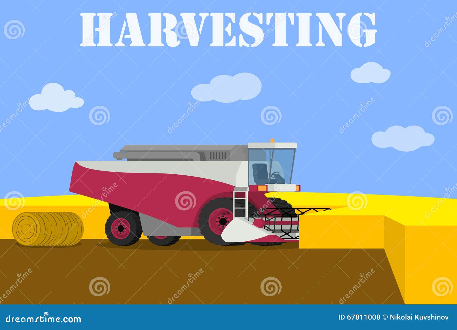 Vector Red Harvester Working on the Field Stock Vector - Illustration ...