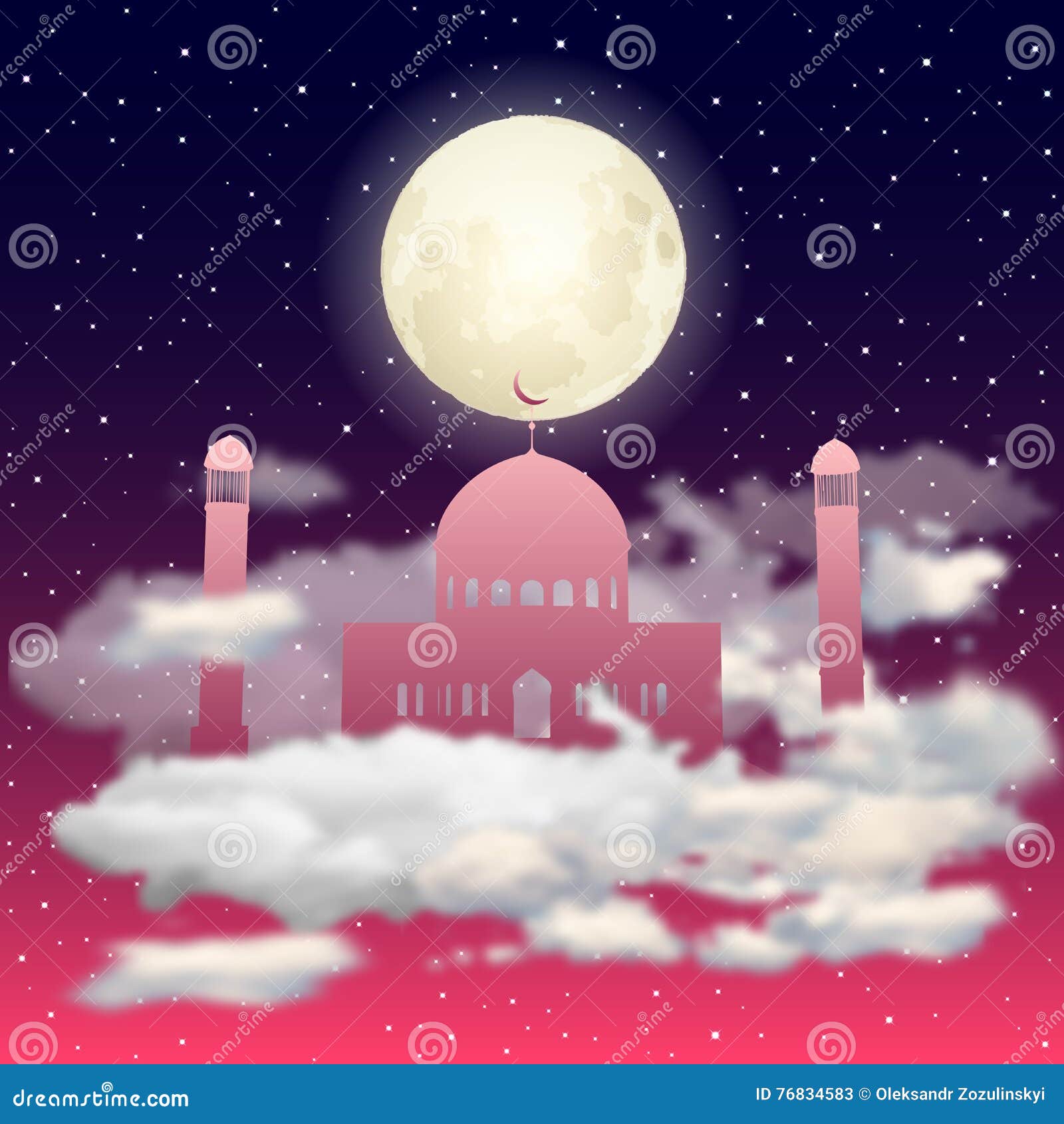 Vector Red Mosque Silhouette In Night Sky With Full Moon And Stars ...