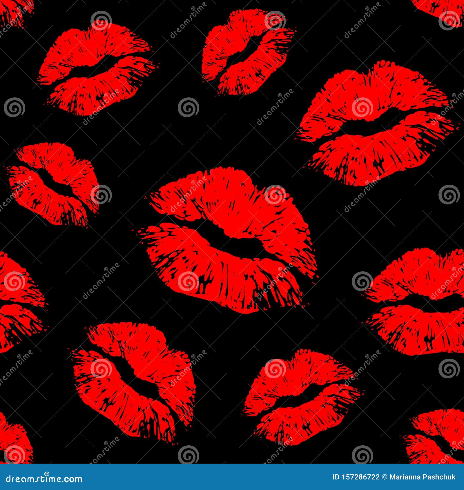 Vector Red Seamless Pattern on Black Background. Lips Prints Stock ...