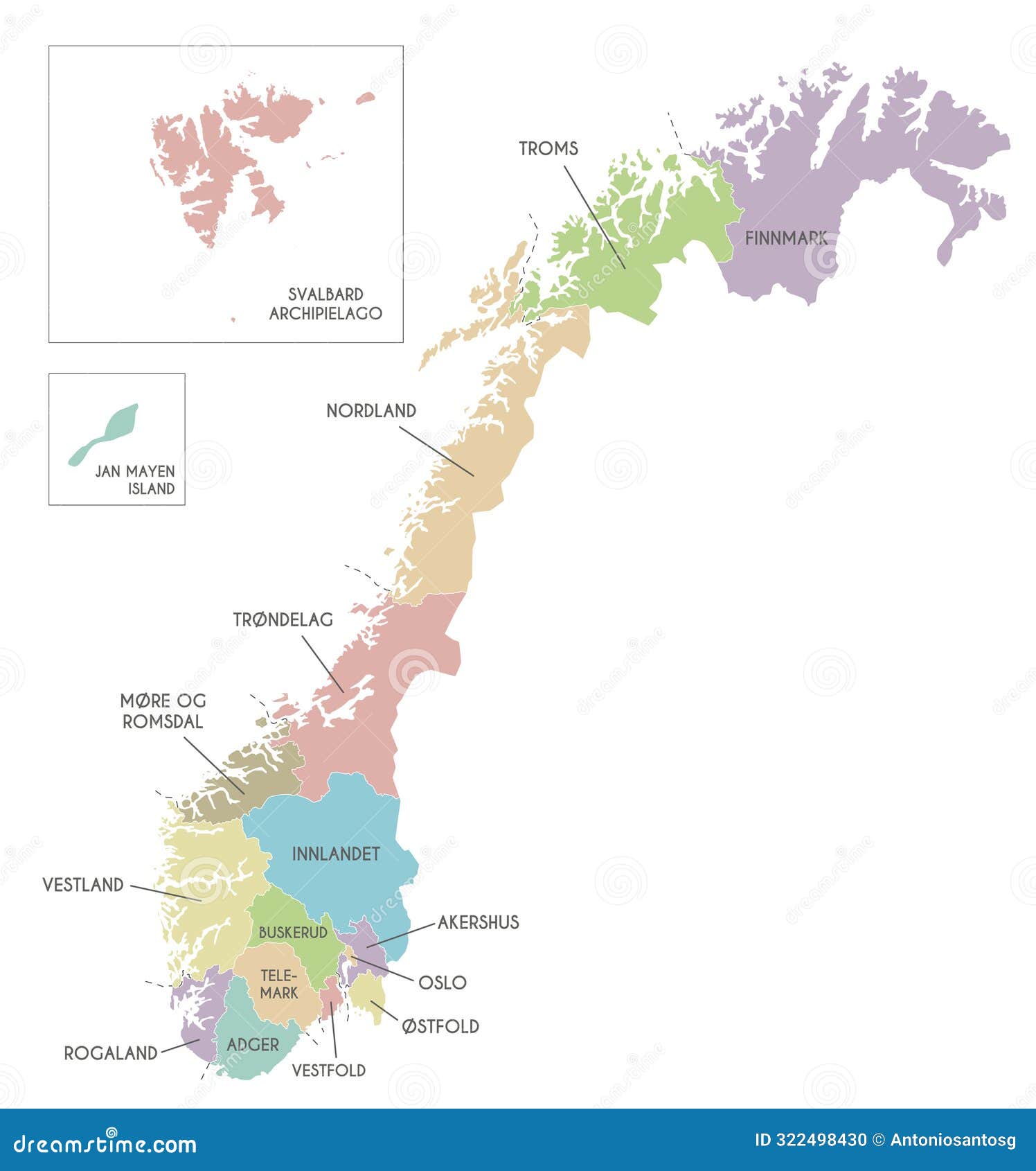 Vector Regional Map Of Norway With Counties And Territories, And ... Vector Regional Map Of Norway With Counties And Territories, And ...