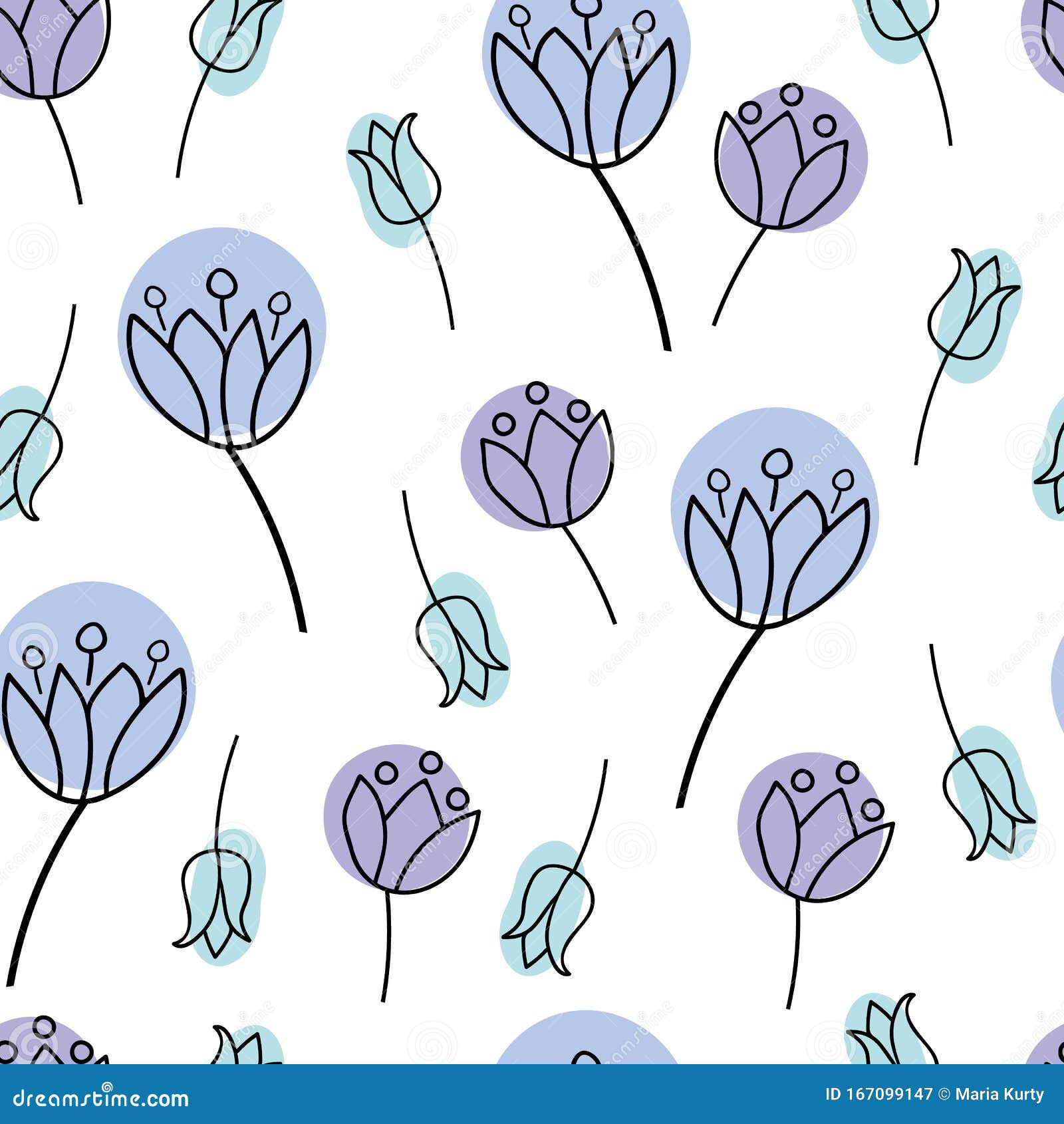 Vector Pattern with Blue and Purple Doodle Flowers Stock Illustration ...