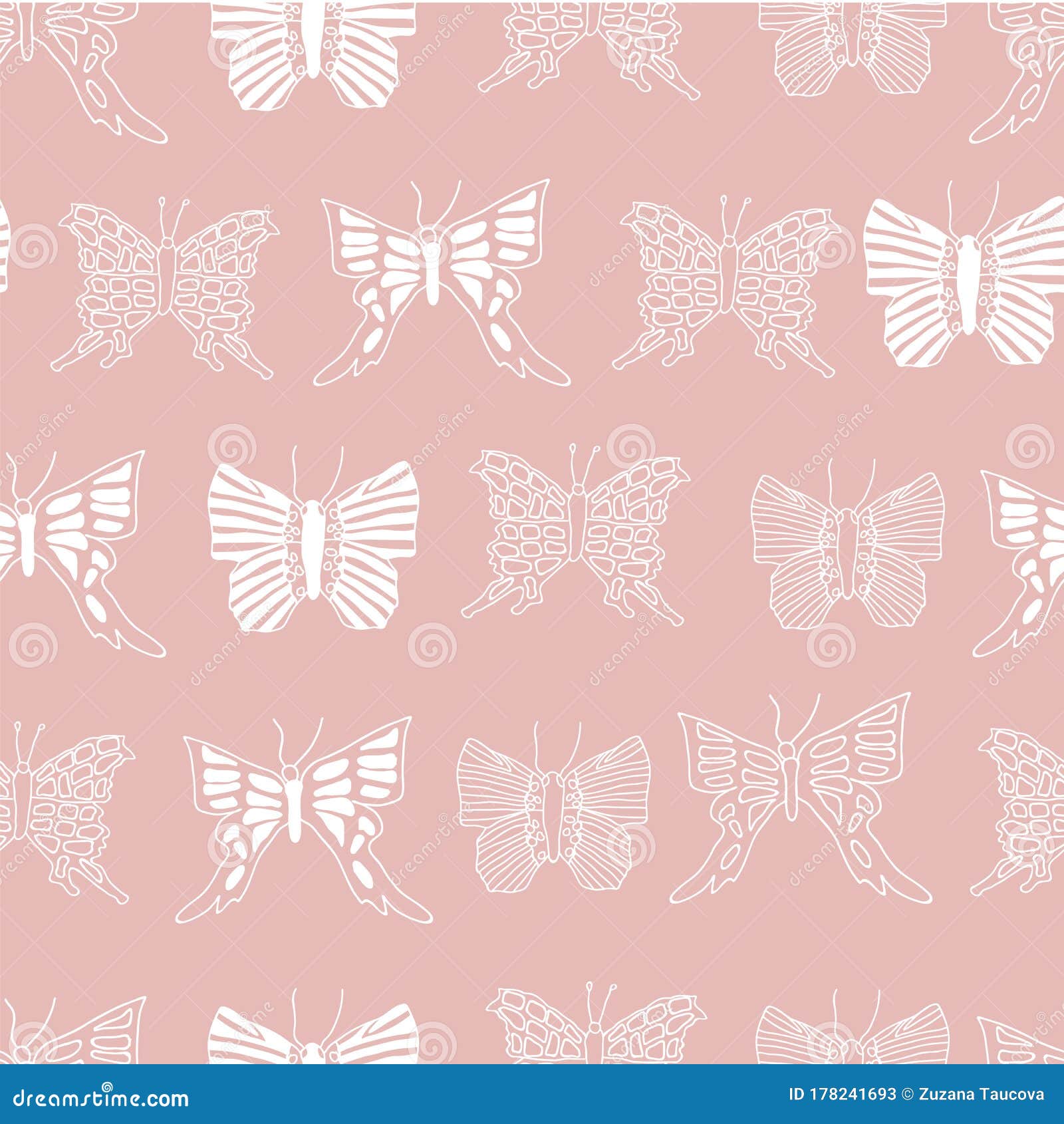 Vector Repeating Pattern with White Outlines Butterflies, on Pink ...