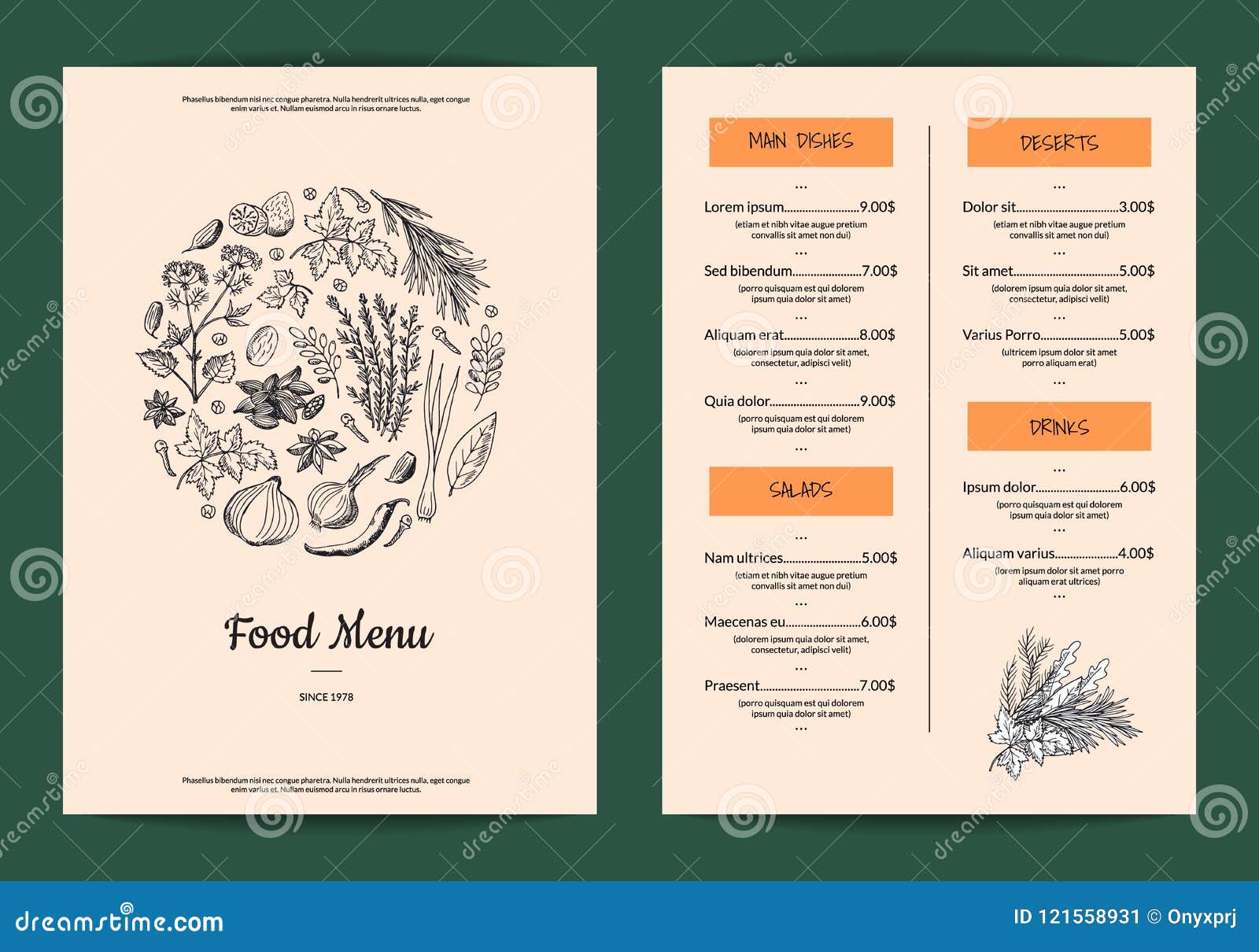 Vector Restaurant or Cafe Menu with Hand Drawn Herbs and Spices Stock ...
