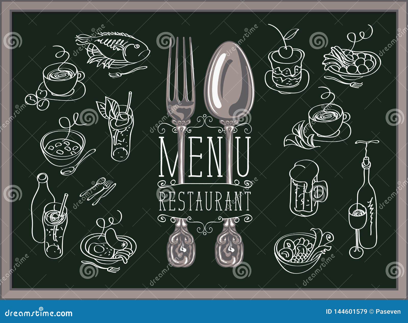 Restaurant Menu With Sketches Of Different Dishes Cartoon Vector ...