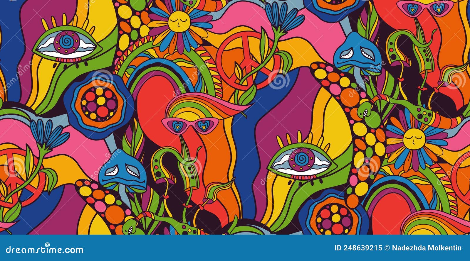 Vector Retro Colorful Psychedelic Seamless Pattern in 1970s Style Stock ...