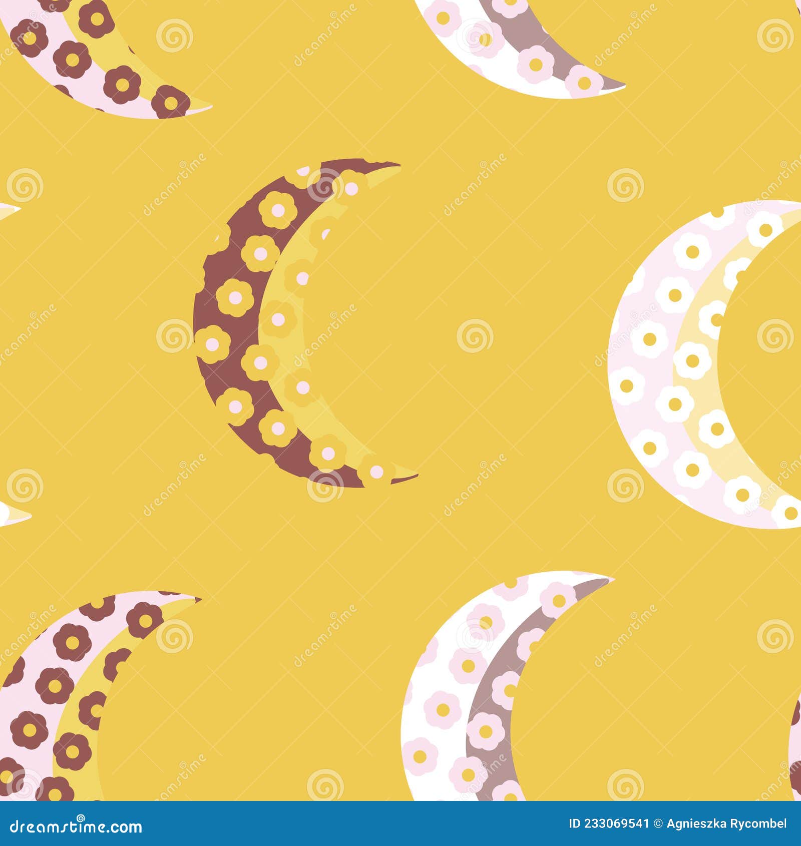 Vector Retro Floral Crescent Moon on Yellow Seamless Pattern Background ...