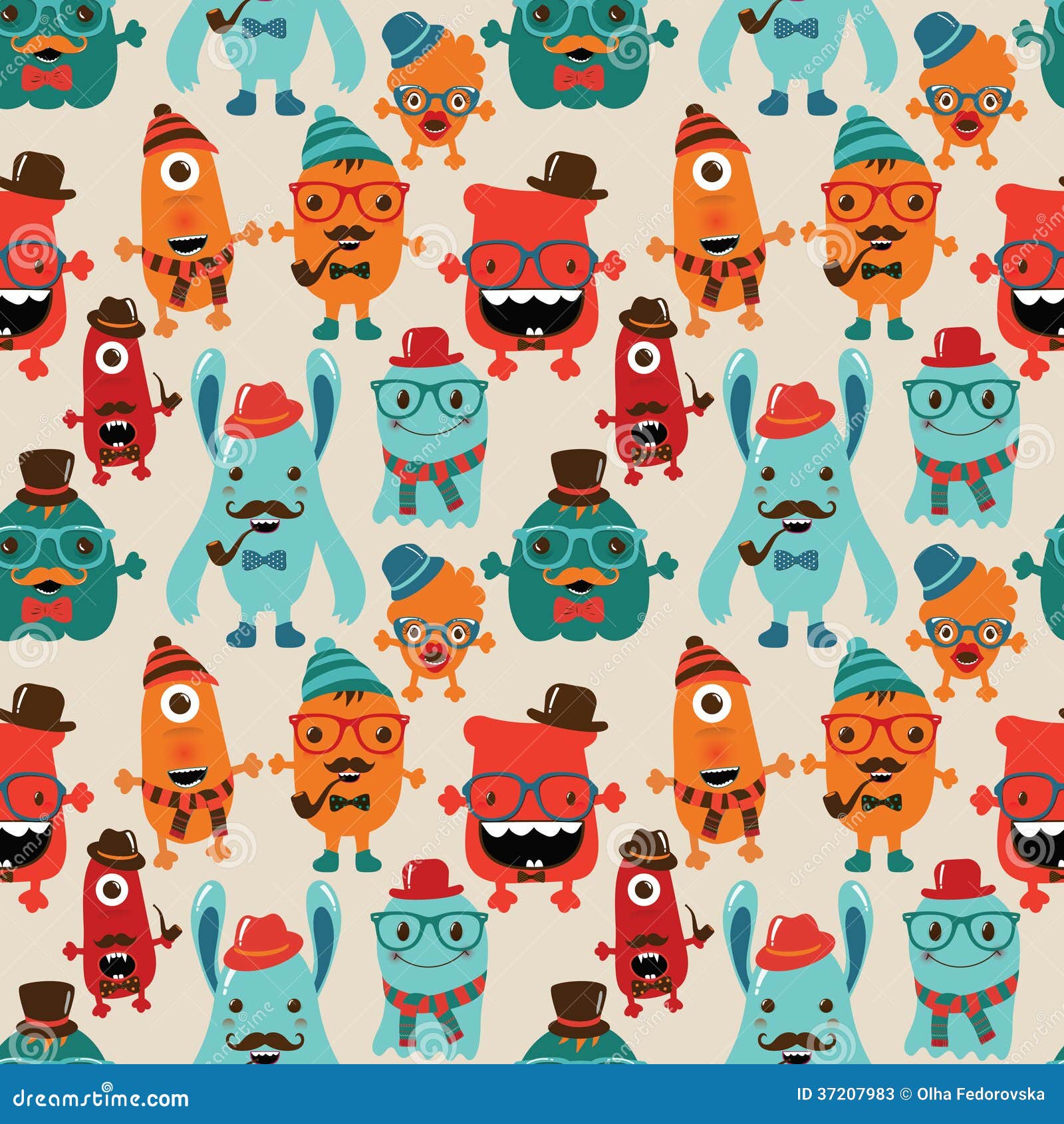 Vector Retro Hipster Monsters Seamless Pattern Stock Vector ...