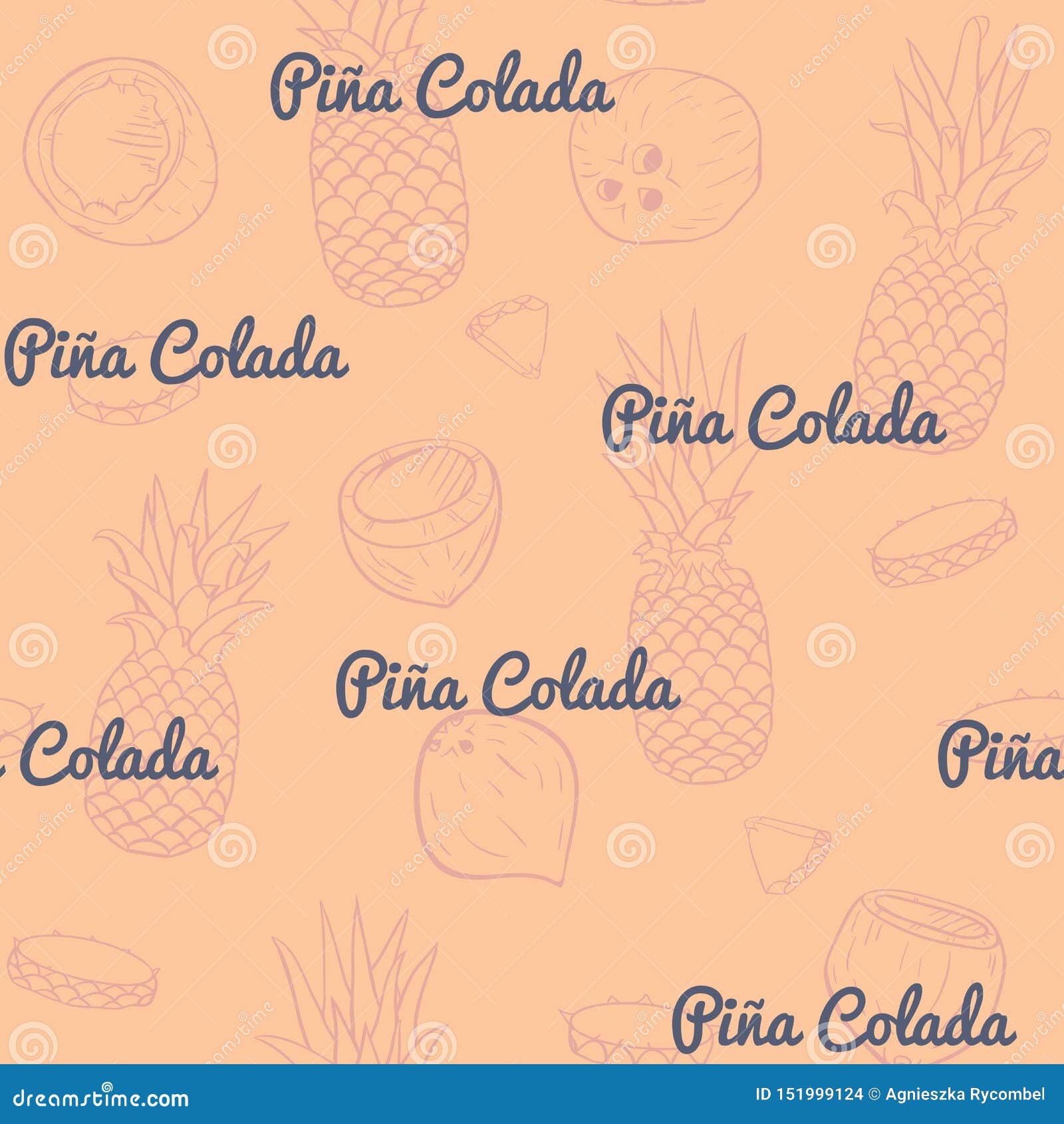 Vector Retro Pina Colada on Dusty Orange Seamless Pattern Design. Stock ...