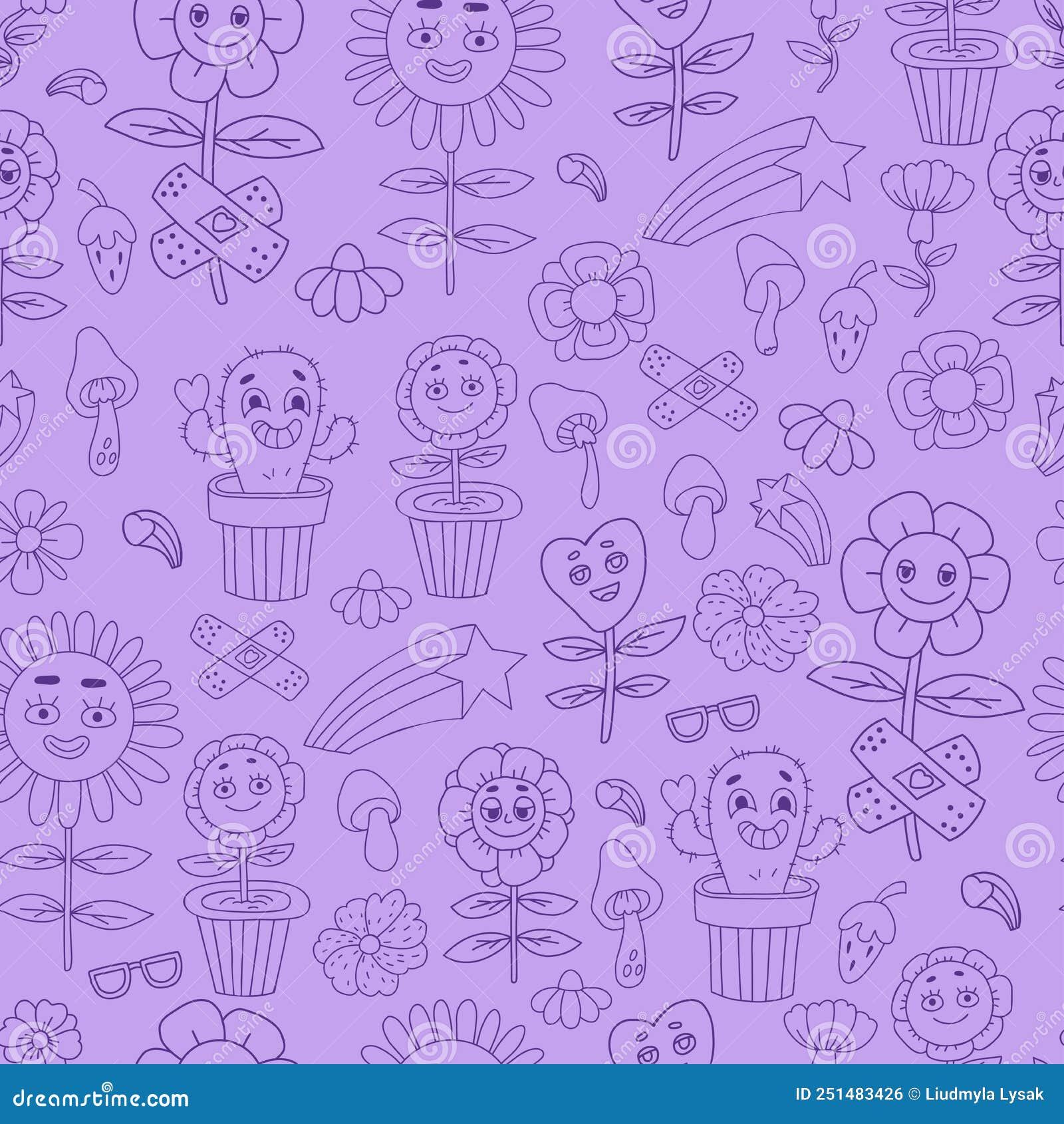 Vector Retro Seamless Pattern with Groovy Element in Linear Hand Drawn ...