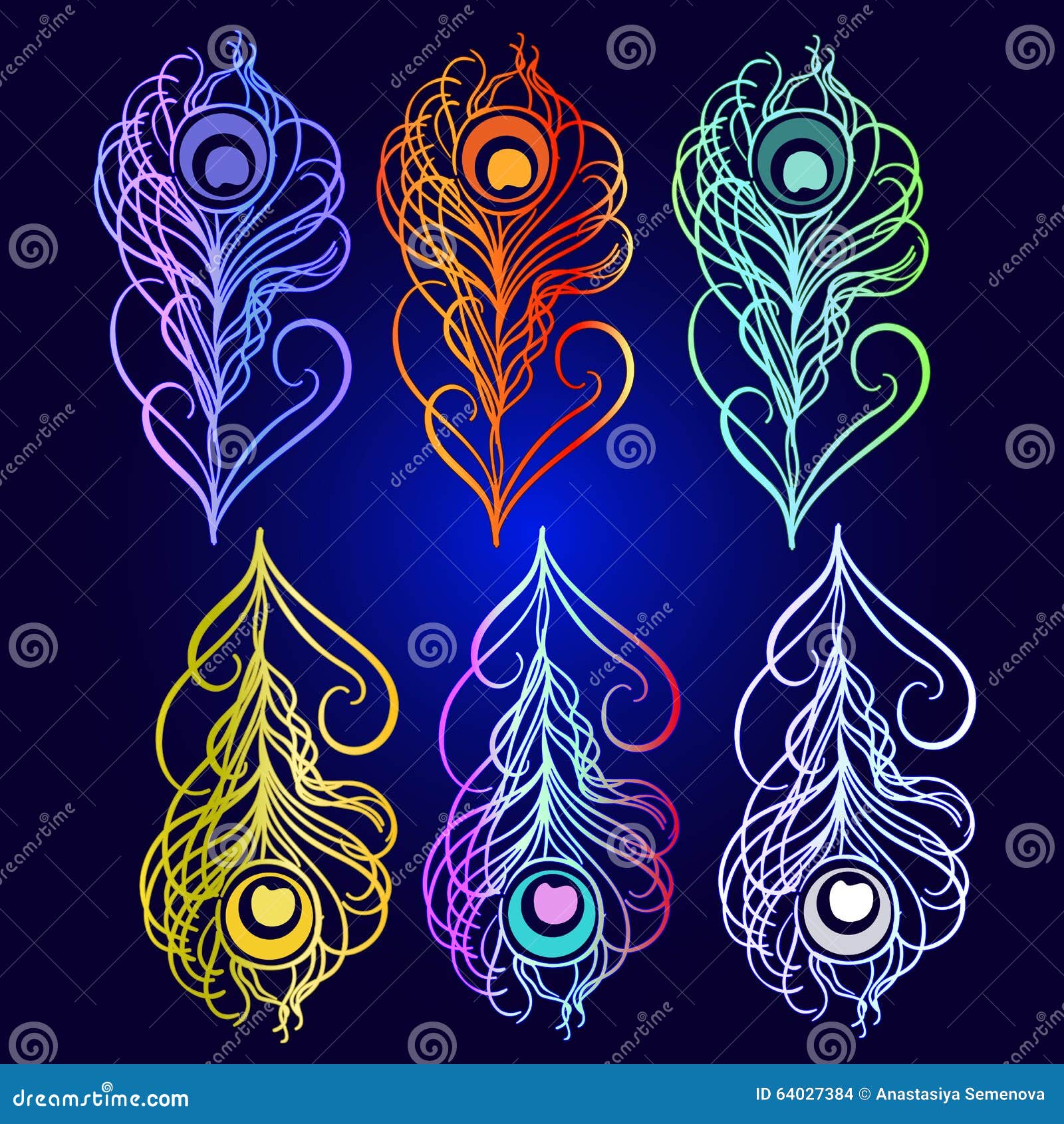 Vector Retro Set with Colorful Peacock Feathers on a Dark Background ...