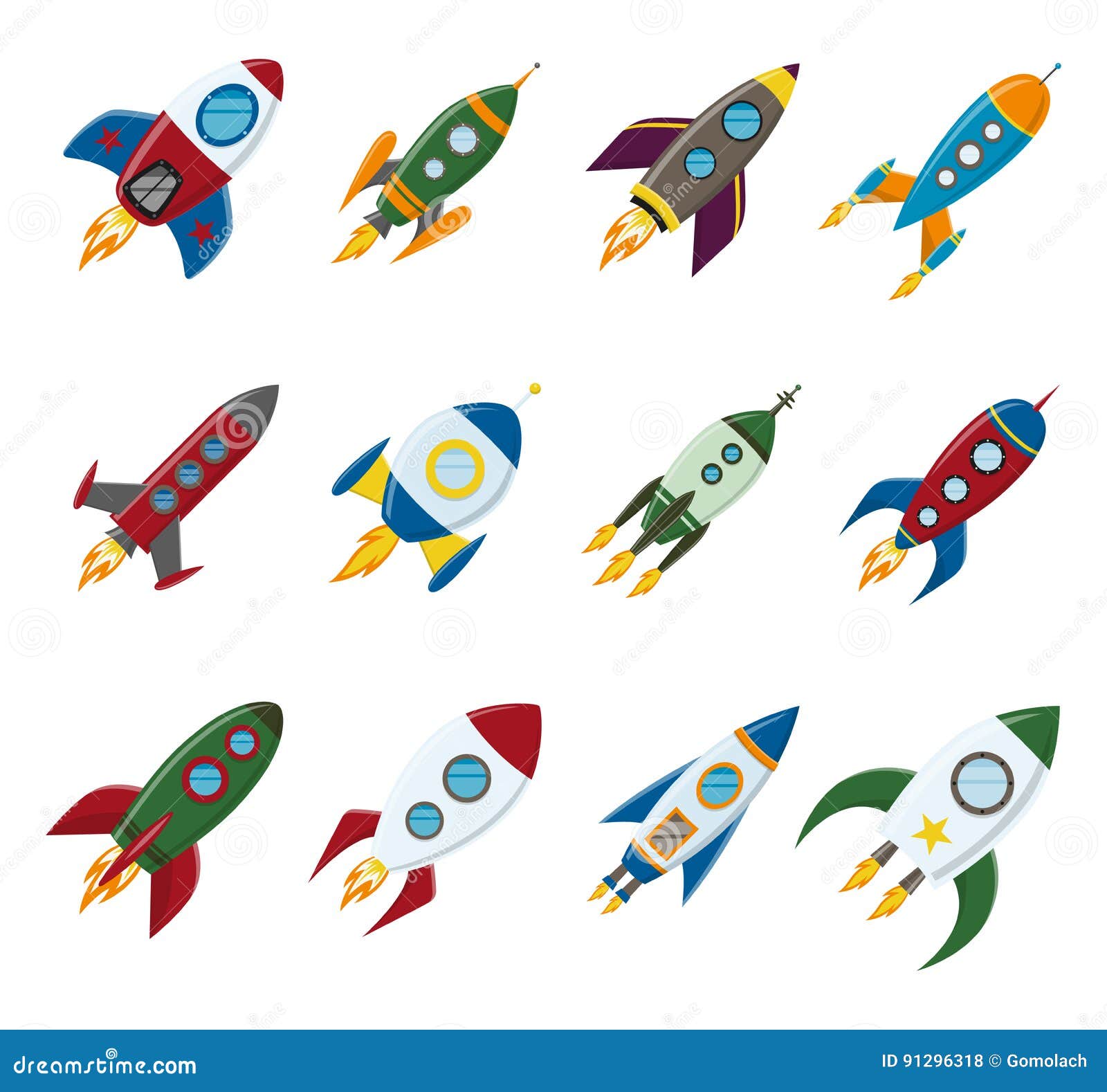 Vector Retro Space Rocket Ship Icon Set in a Flat Style. Design ...