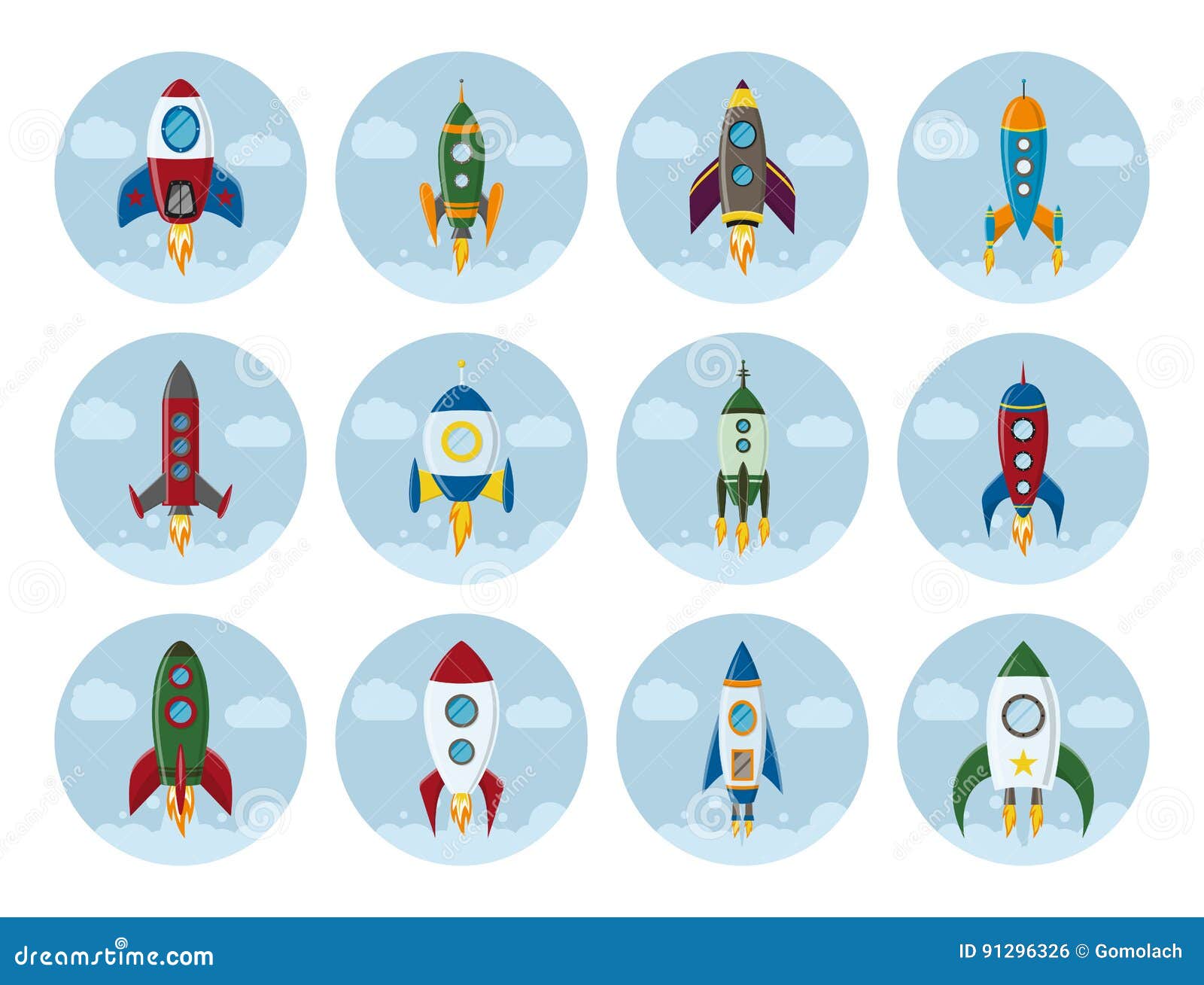 Vector Retro Space Rocket Ship Icon Set in a Flat Style. Design ...