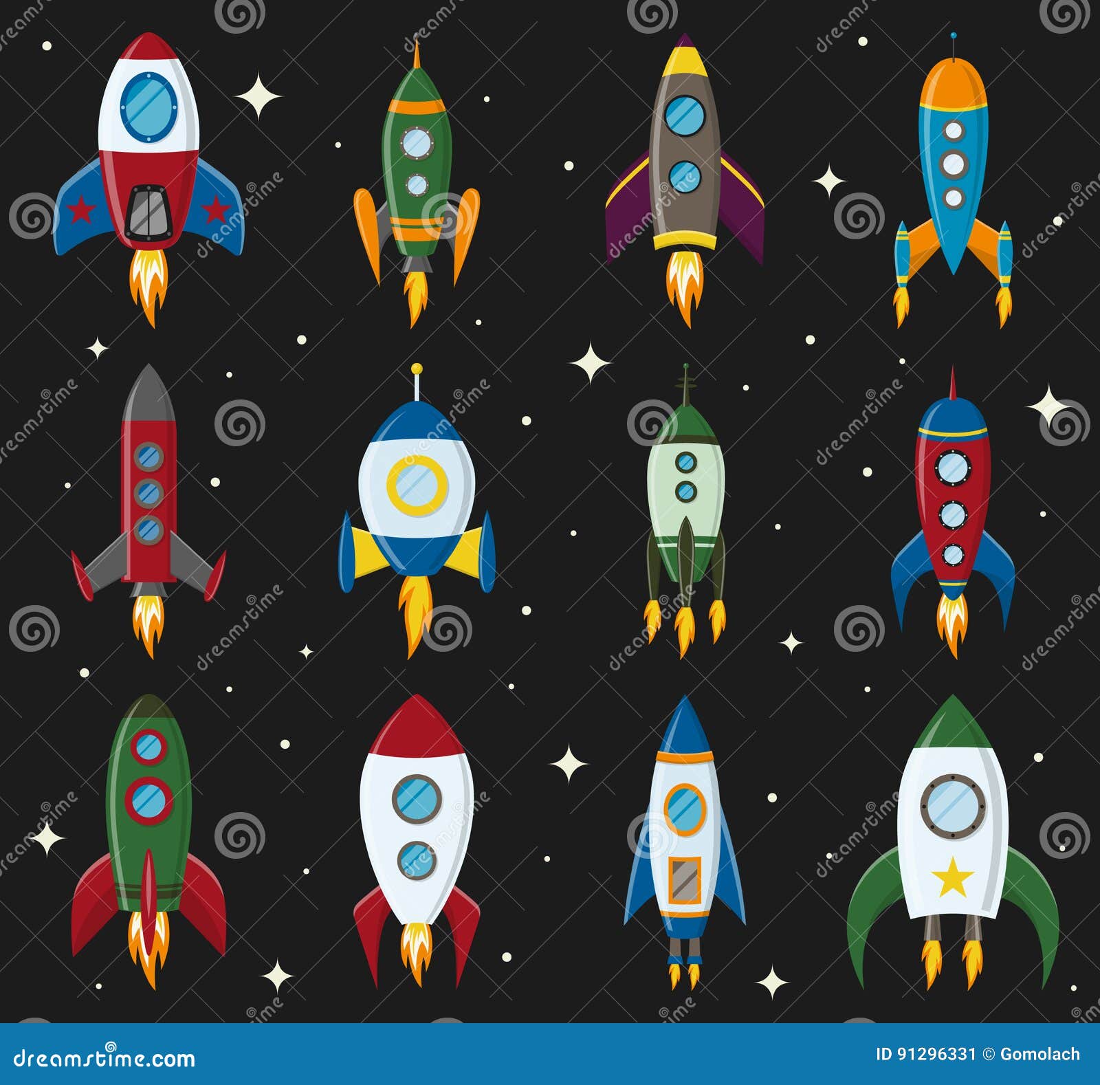Vector Retro Space Rocket Ship Icon Set in a Flat Style. Design ...