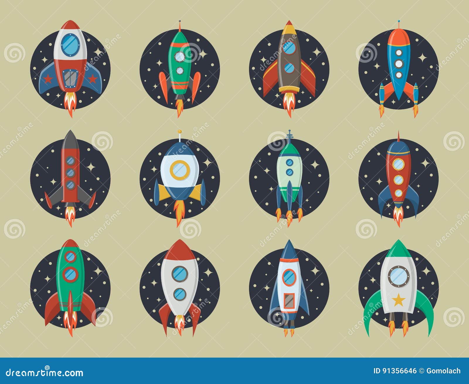 Vector Retro Space Rocket Ship Icon Set in a Flat Style. Design ...