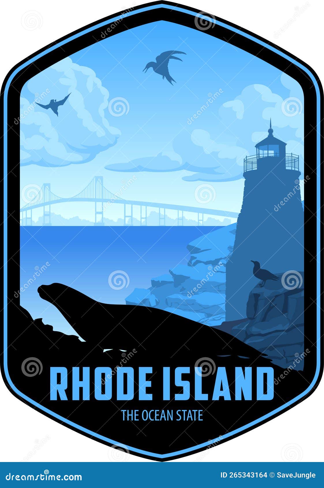 Vector Rhode Island Vector Label with Harbor Seal and Seagulls Near ...