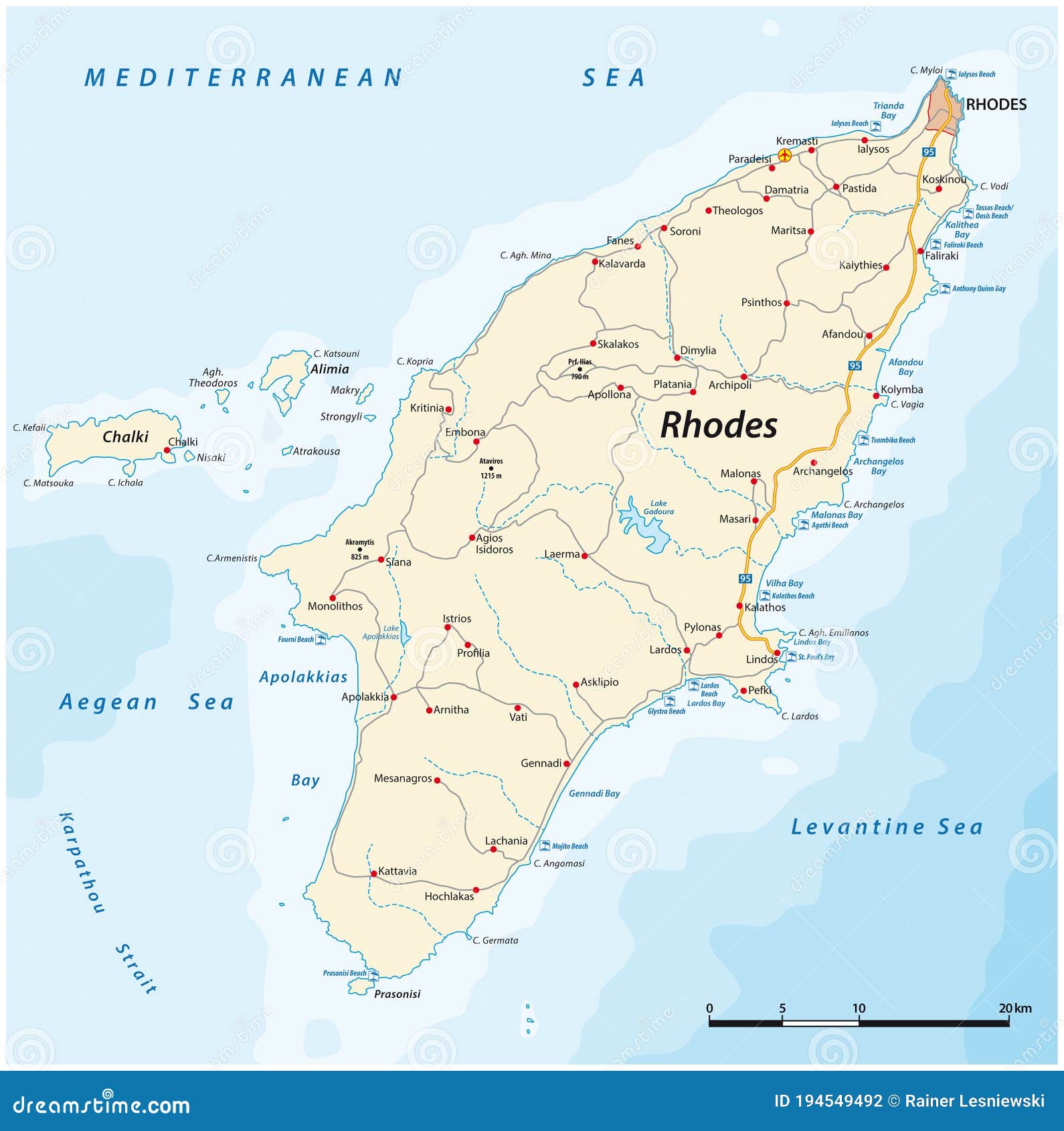 Vector Road and Beach Map of the Greek Mediterranean Island of Rhodes ...
