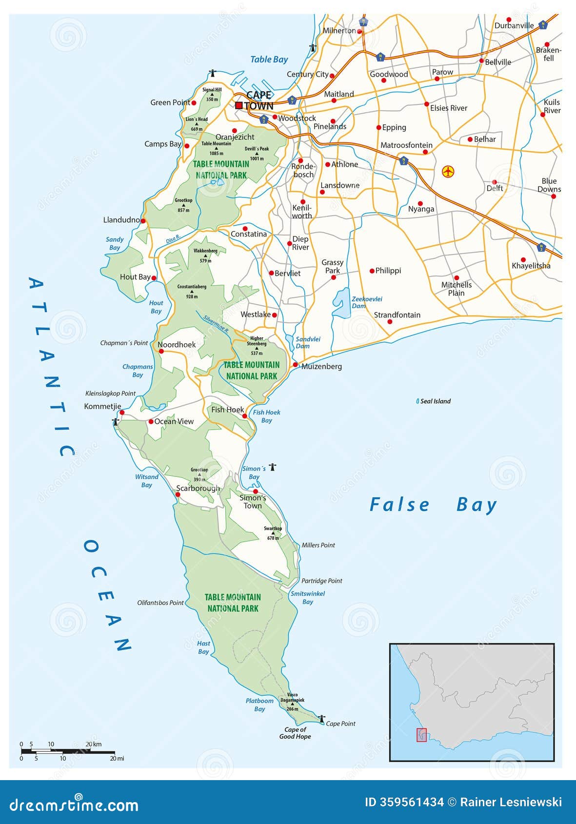 Vector Road Map of Cape Peninsula, Cape Town, South Africa Stock Vector ...