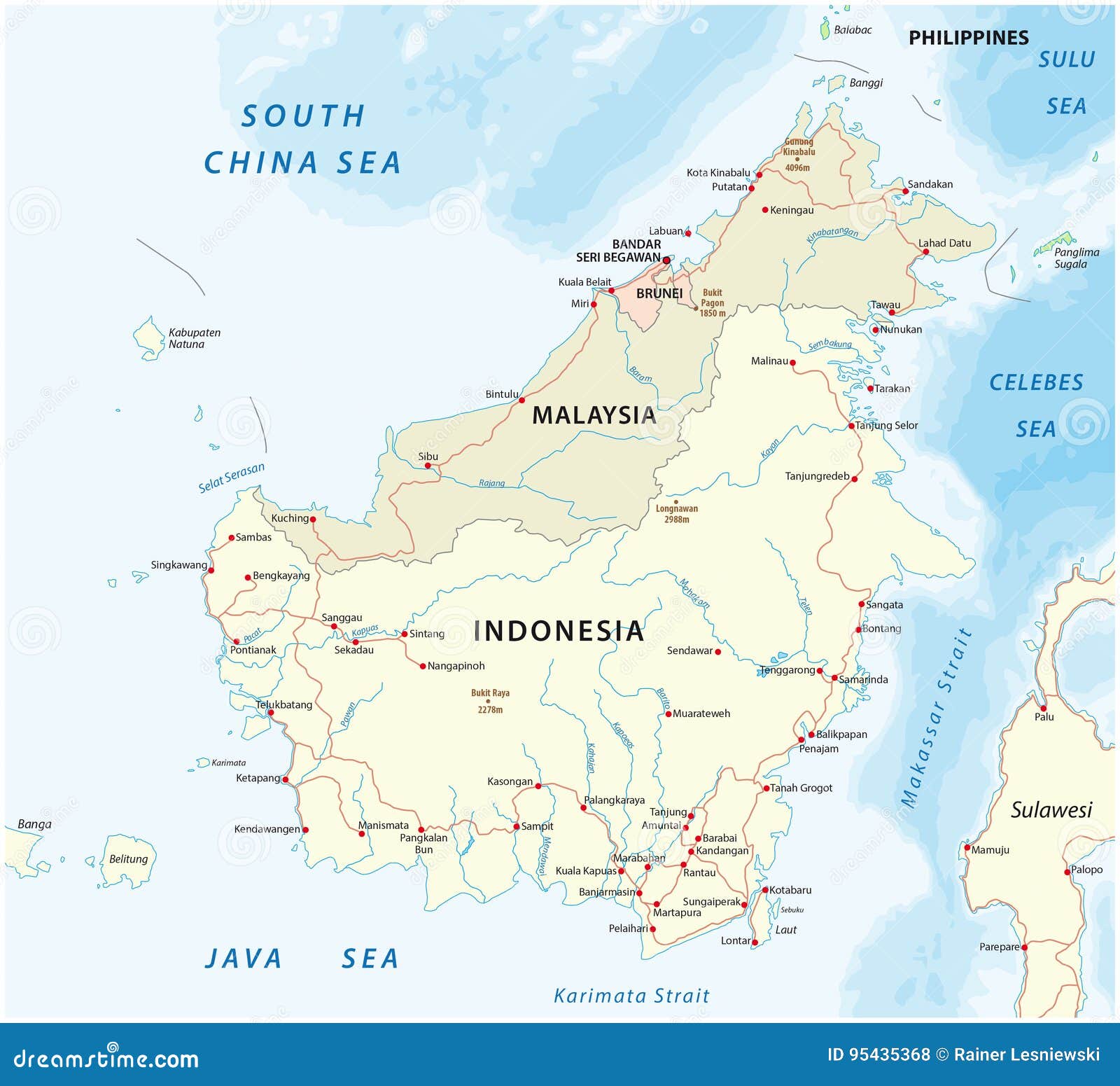 Vector Road Map of Island Borneo, Kalimantan Stock Vector ...