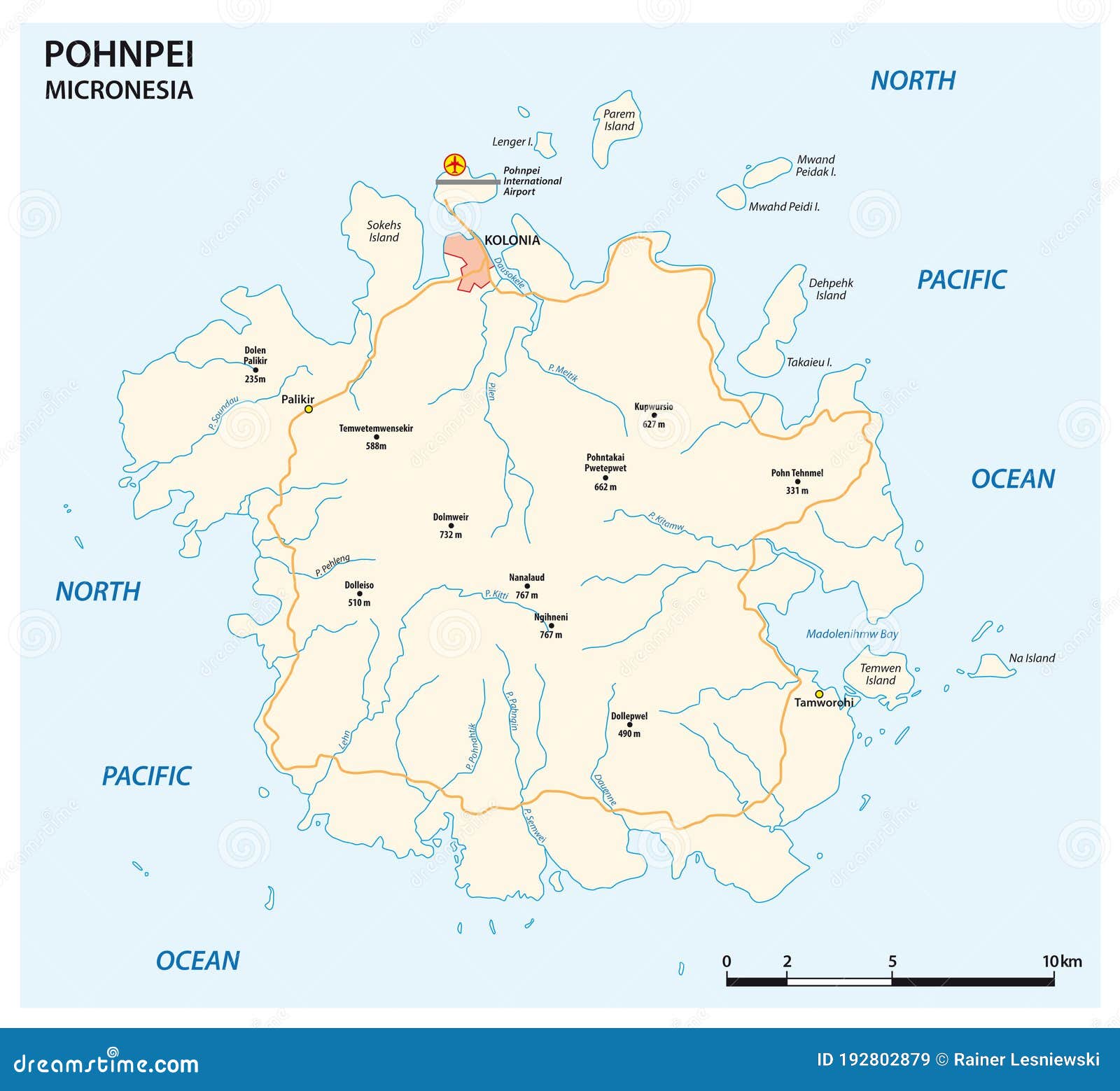 Vector Road Map Of The Main Micronesian Island Of Pohnpei ...