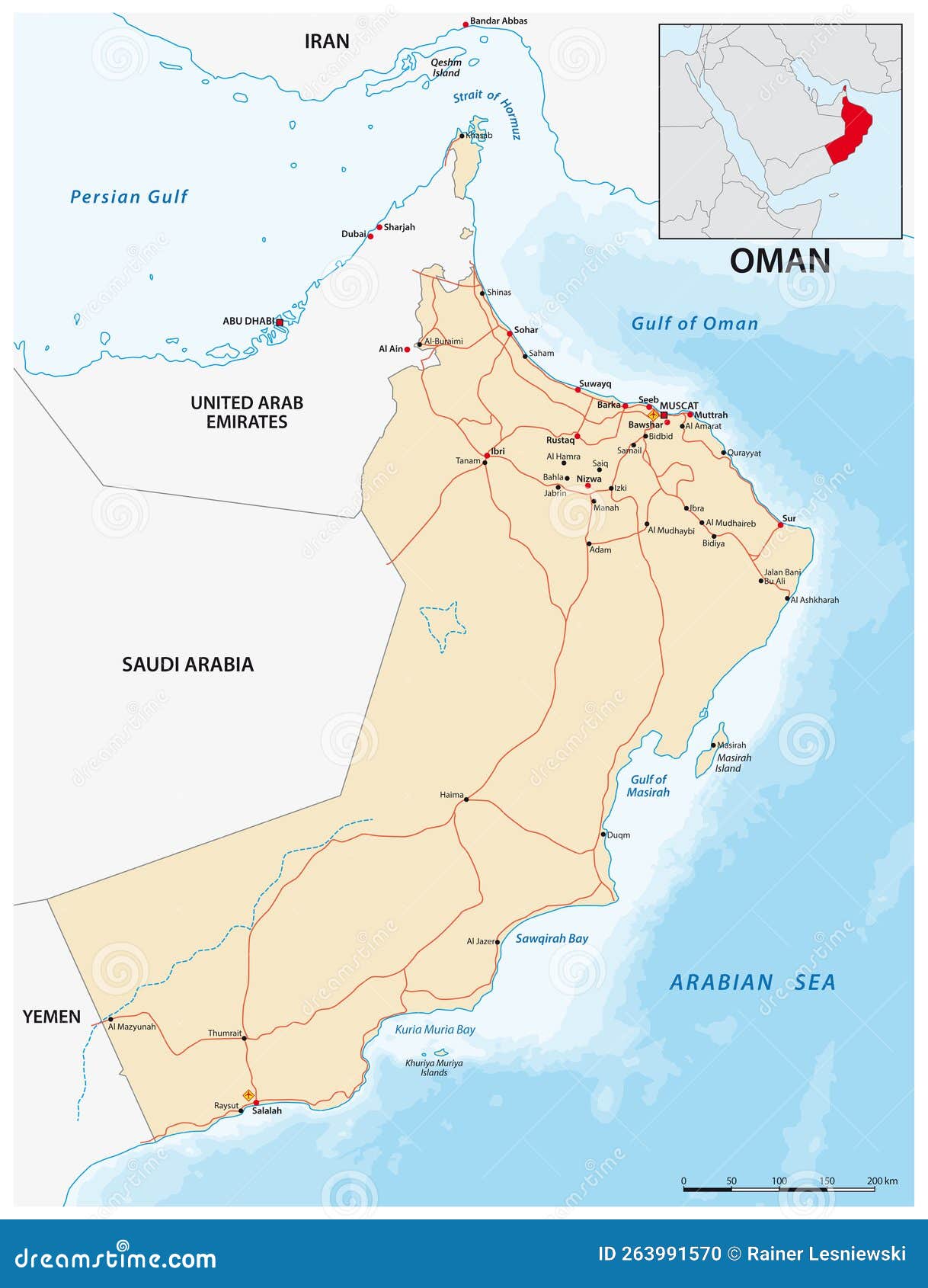Vector Road Map of the Sultanate of Oman Stock Vector - Illustration of ...