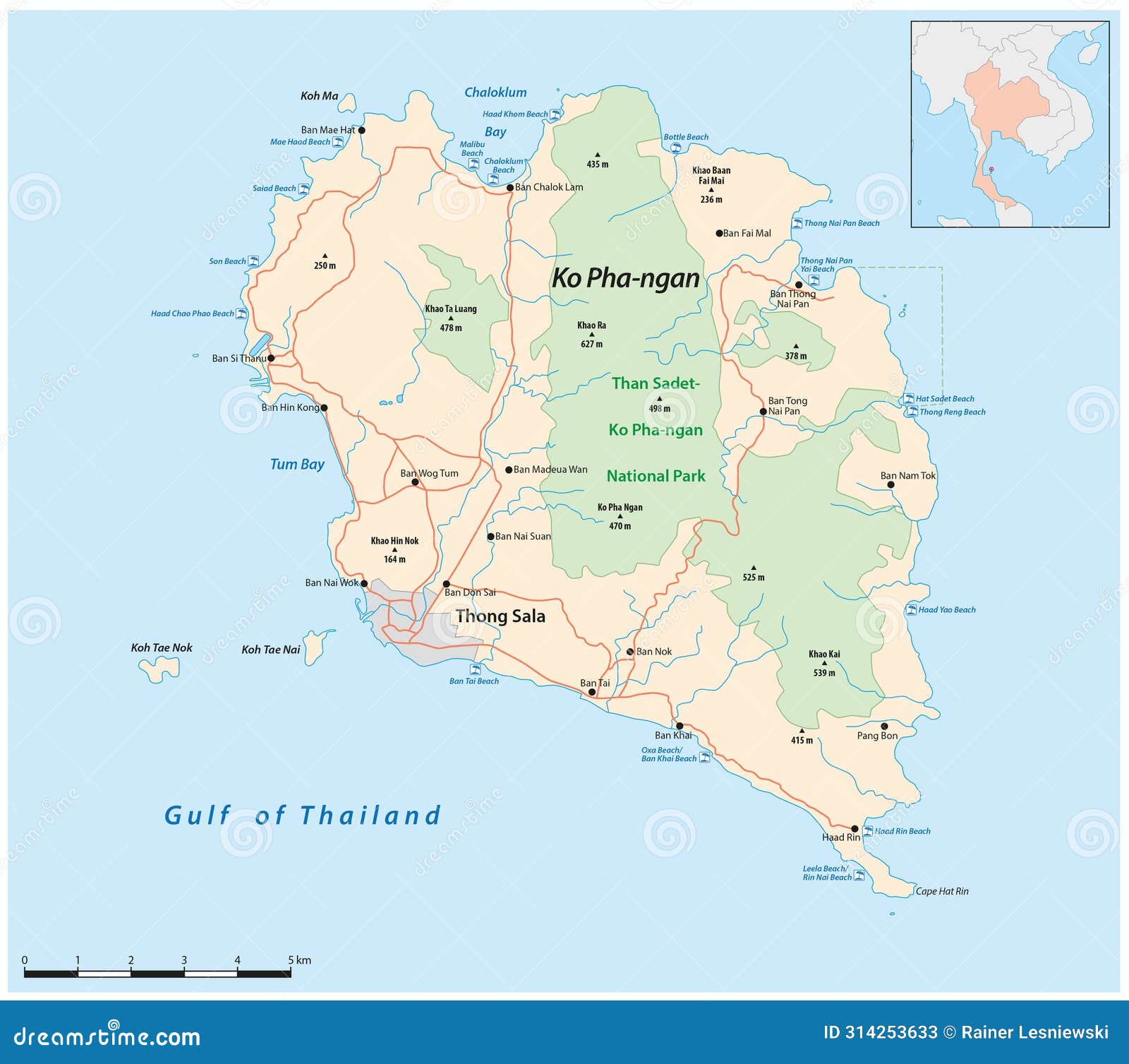 Vector Road Map of the Thai Island of Ko Pha-ngan Stock Vector ...