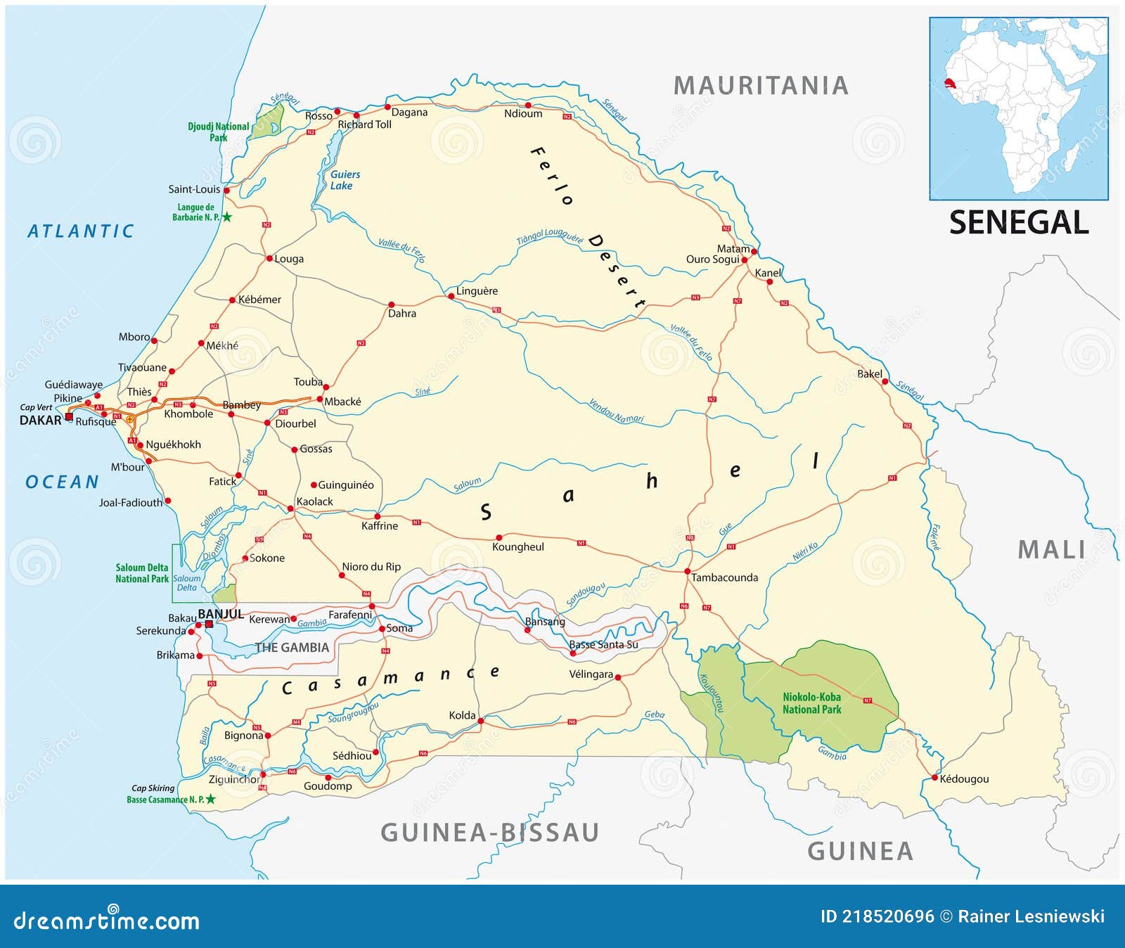 Vector Road Map of the West African State of Senegal Stock Vector ...