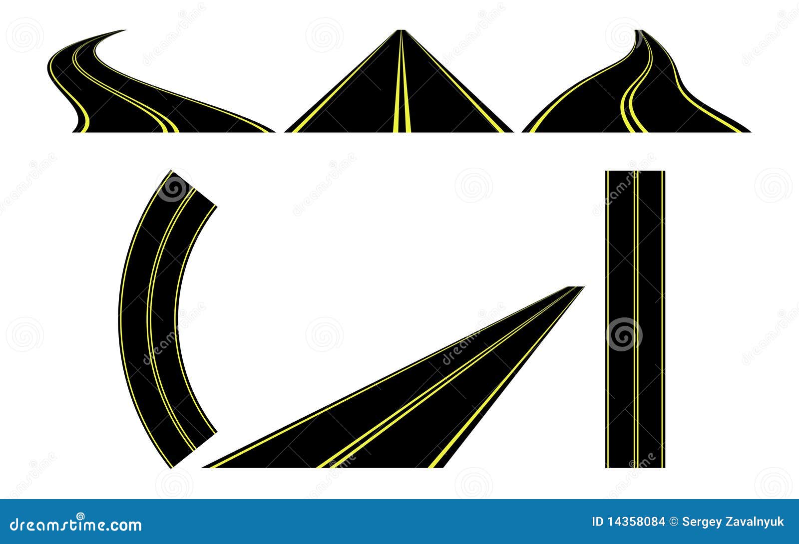 Set Of Six Vector Roads Wit White Marks Isolated On Transparent ...