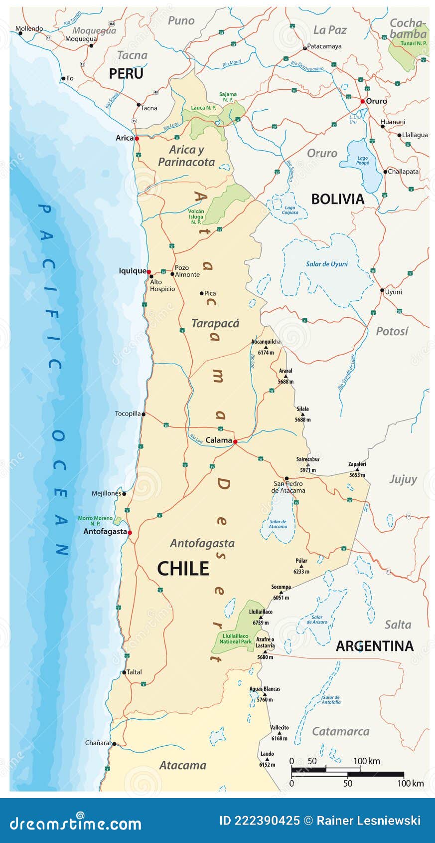 Vector Roads and National Park Map of the Atacama Desert in the North ...