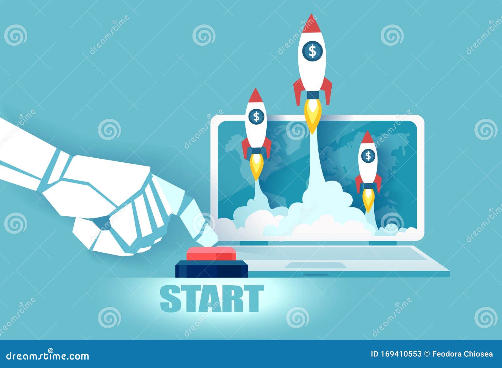 Vector of a Robot Hand Pushing the Start Button To Launch Rockets from ...