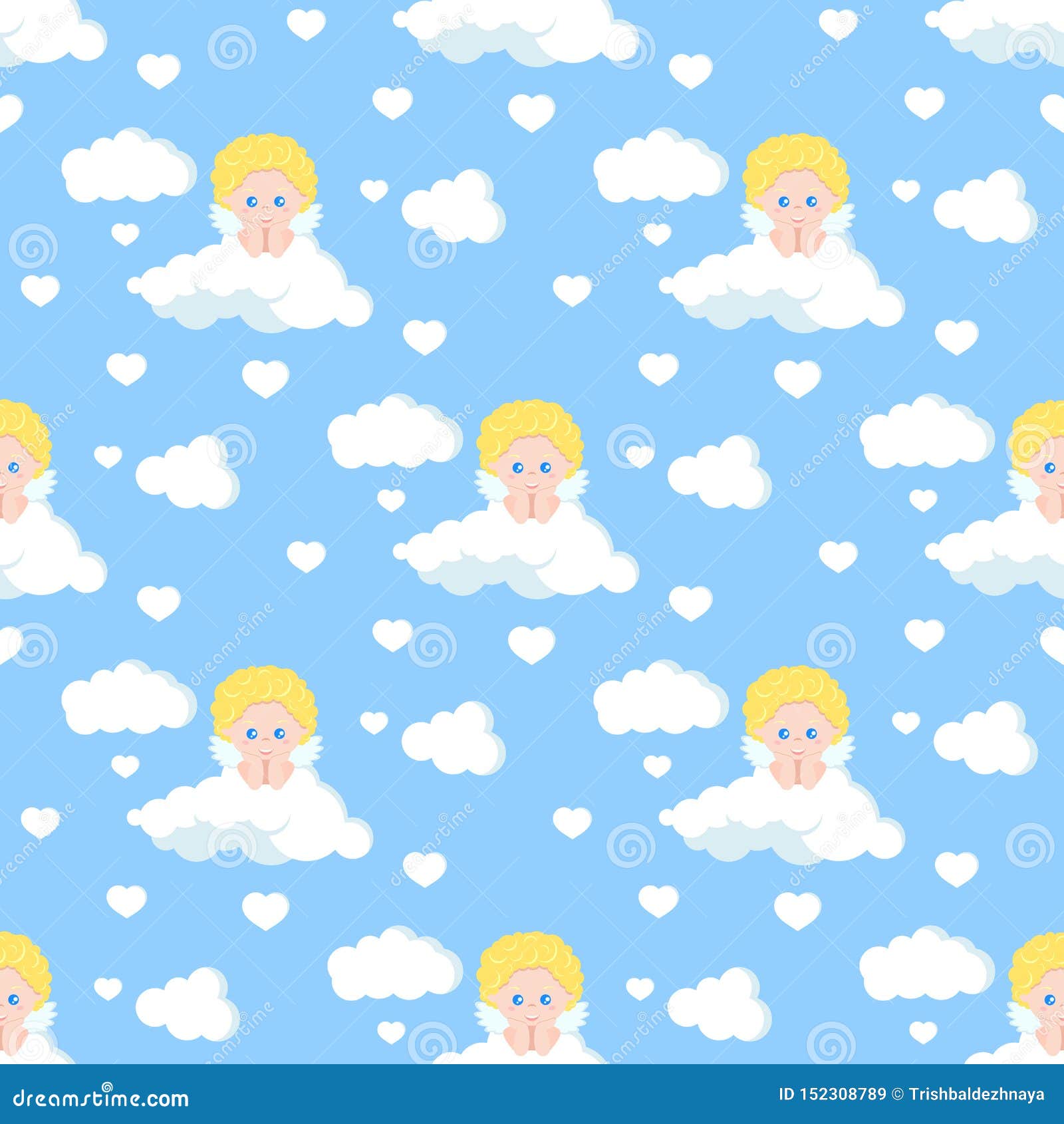 Vector Romantic Seamless Pattern with Cute Cupid Dreaming on White ...