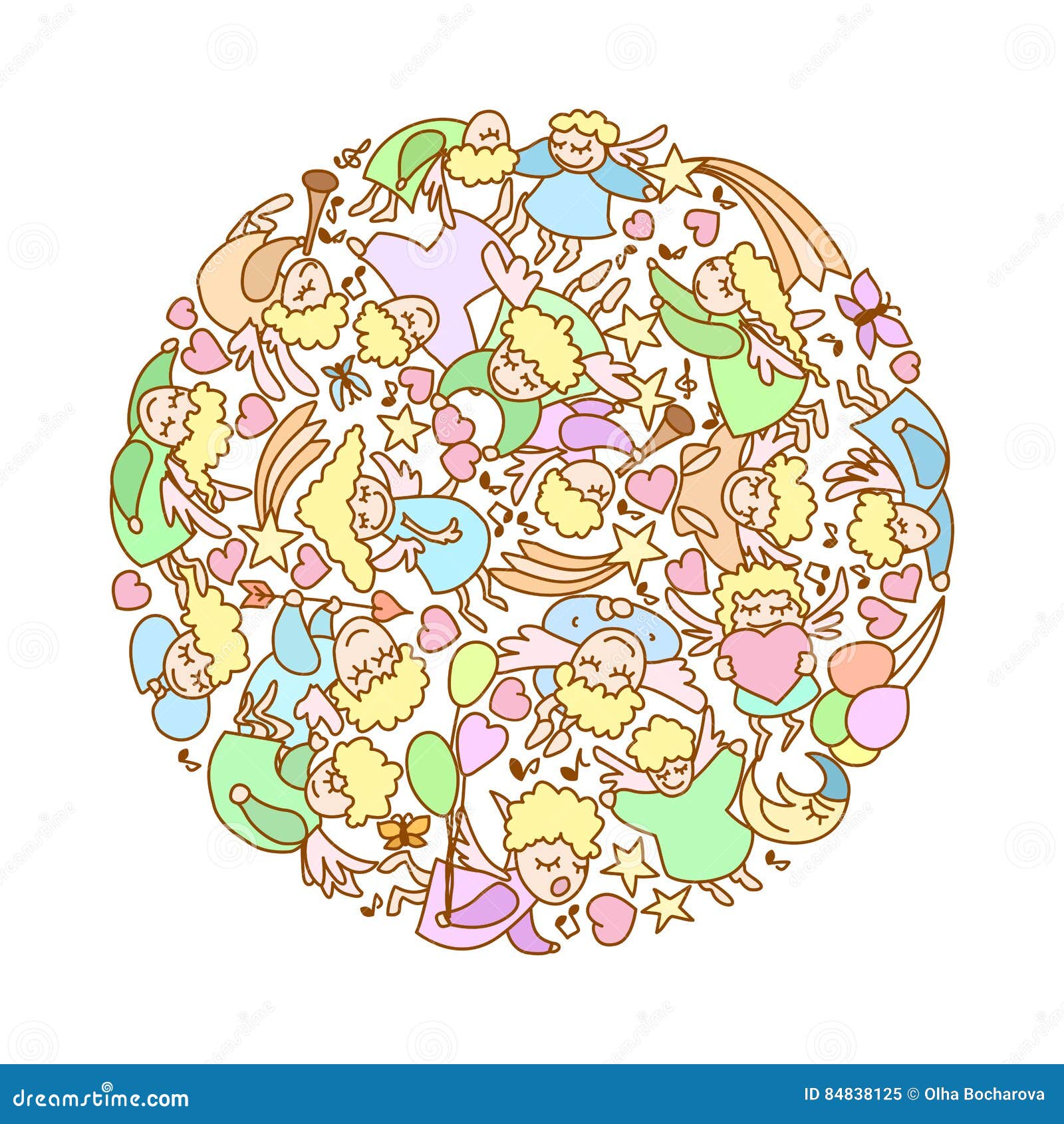 Vector Round Card of Little Angels with Heart. Stock Vector ...