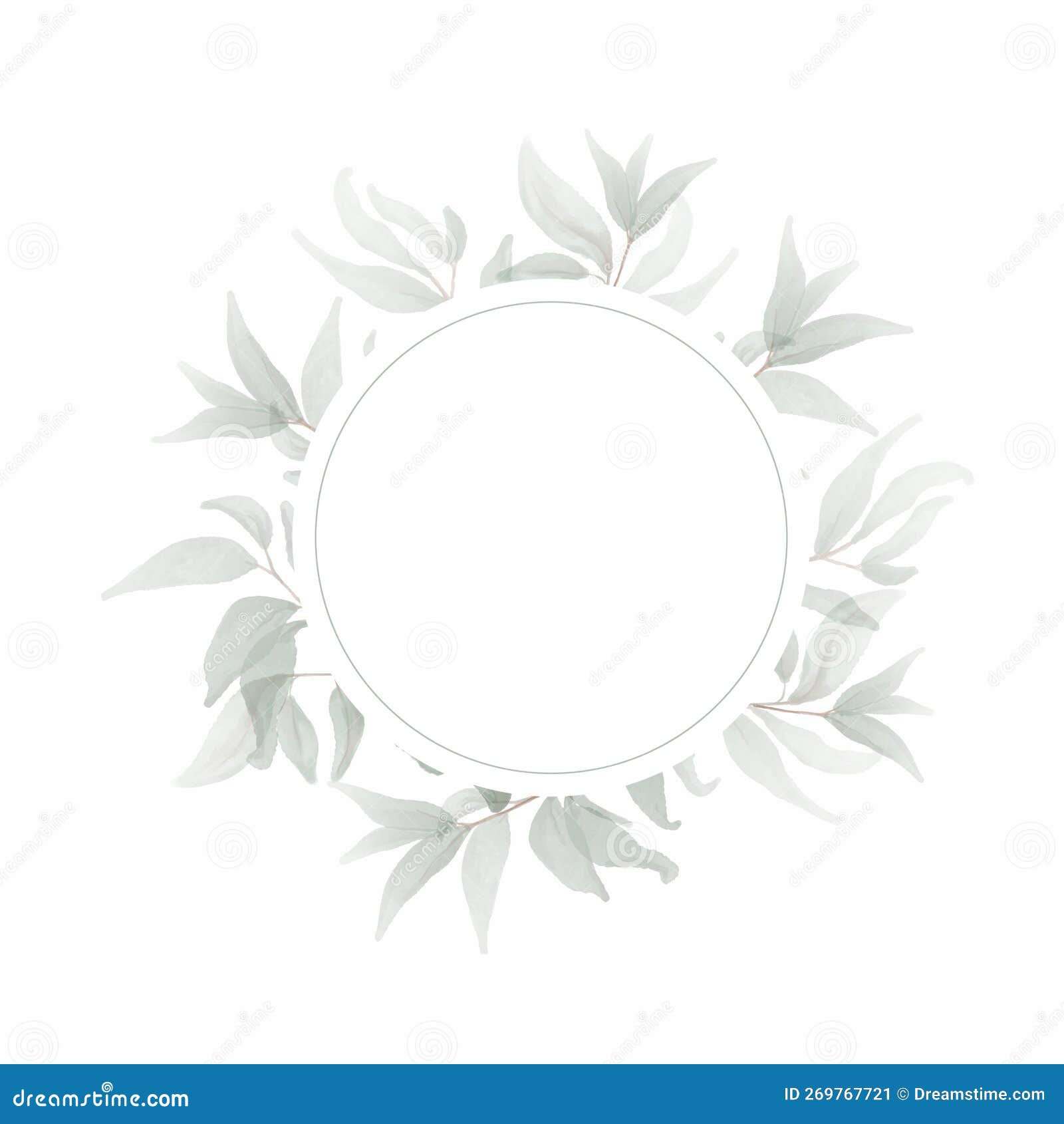 Vector Round Frame with Watercolor Leaves on White Background in Pastel ...
