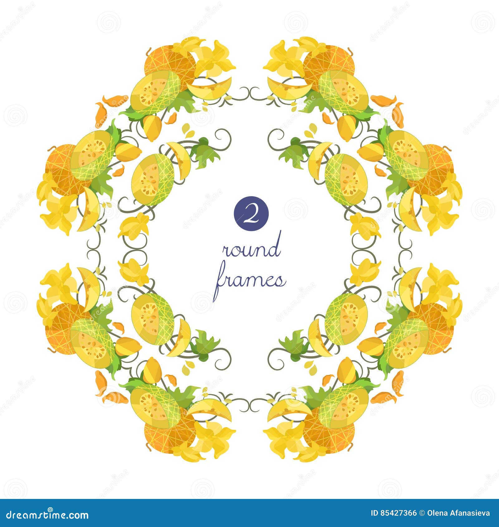 Vector Round Frames with Melon and Flowers in Origami Style Stock ...