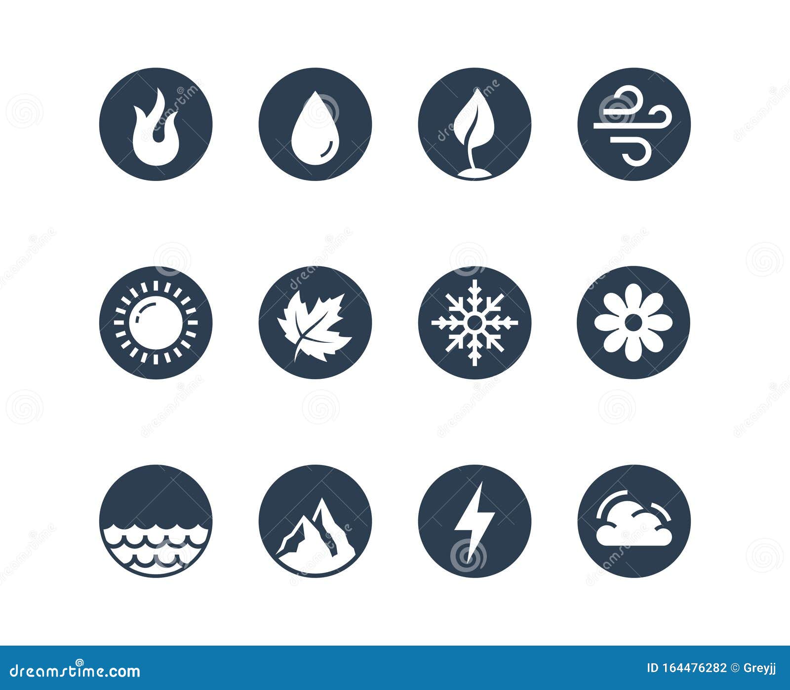 Round Icons of Fire, Water, Earth and Air Elements and Seasons of Year ...